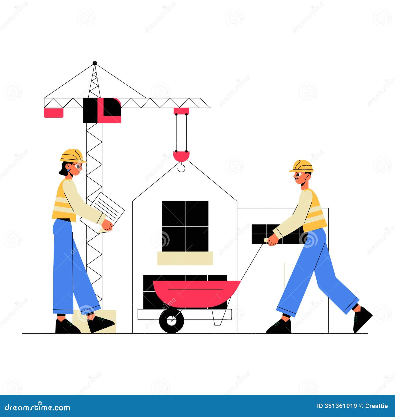 Builders Moving Construction Materials in Flat Vector Illustration ...