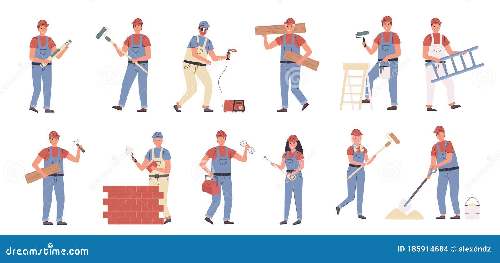 Builders and Repair Masters Flat Vector Illustrations Set. Construction ...