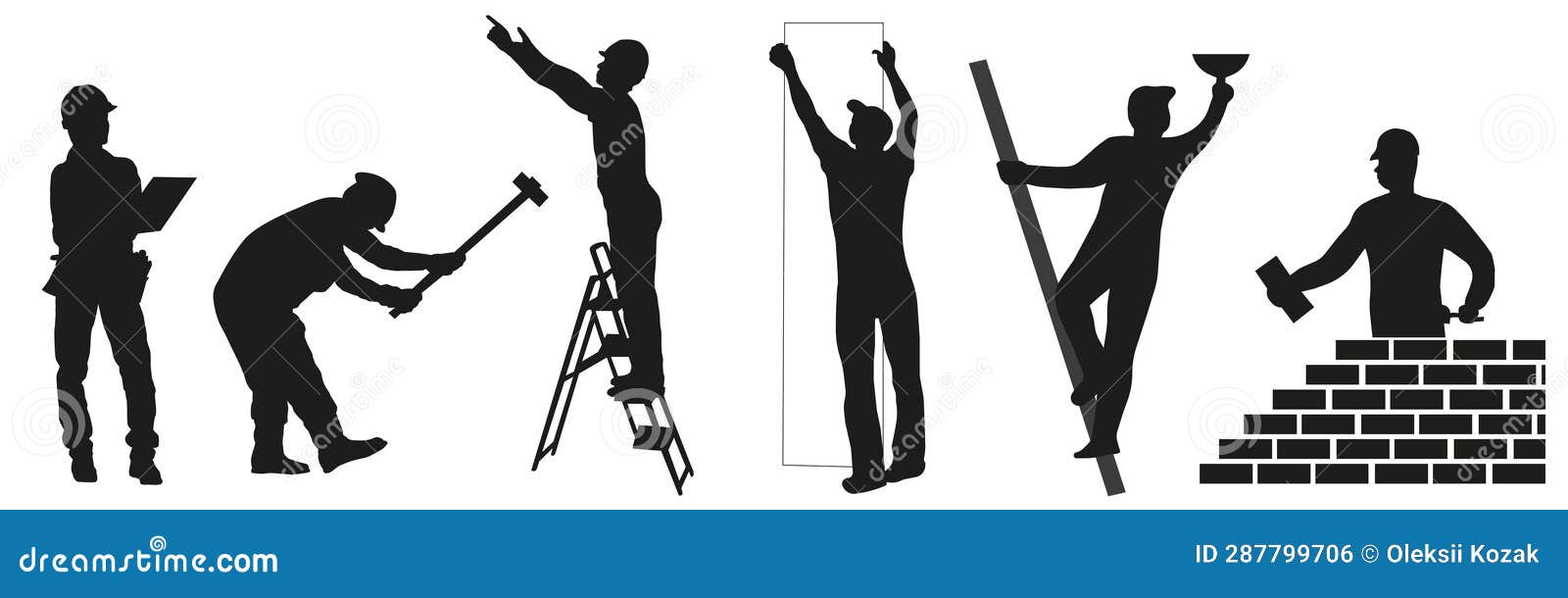 Builders. Silhouettes of Workers and Builders with Tools in the ...