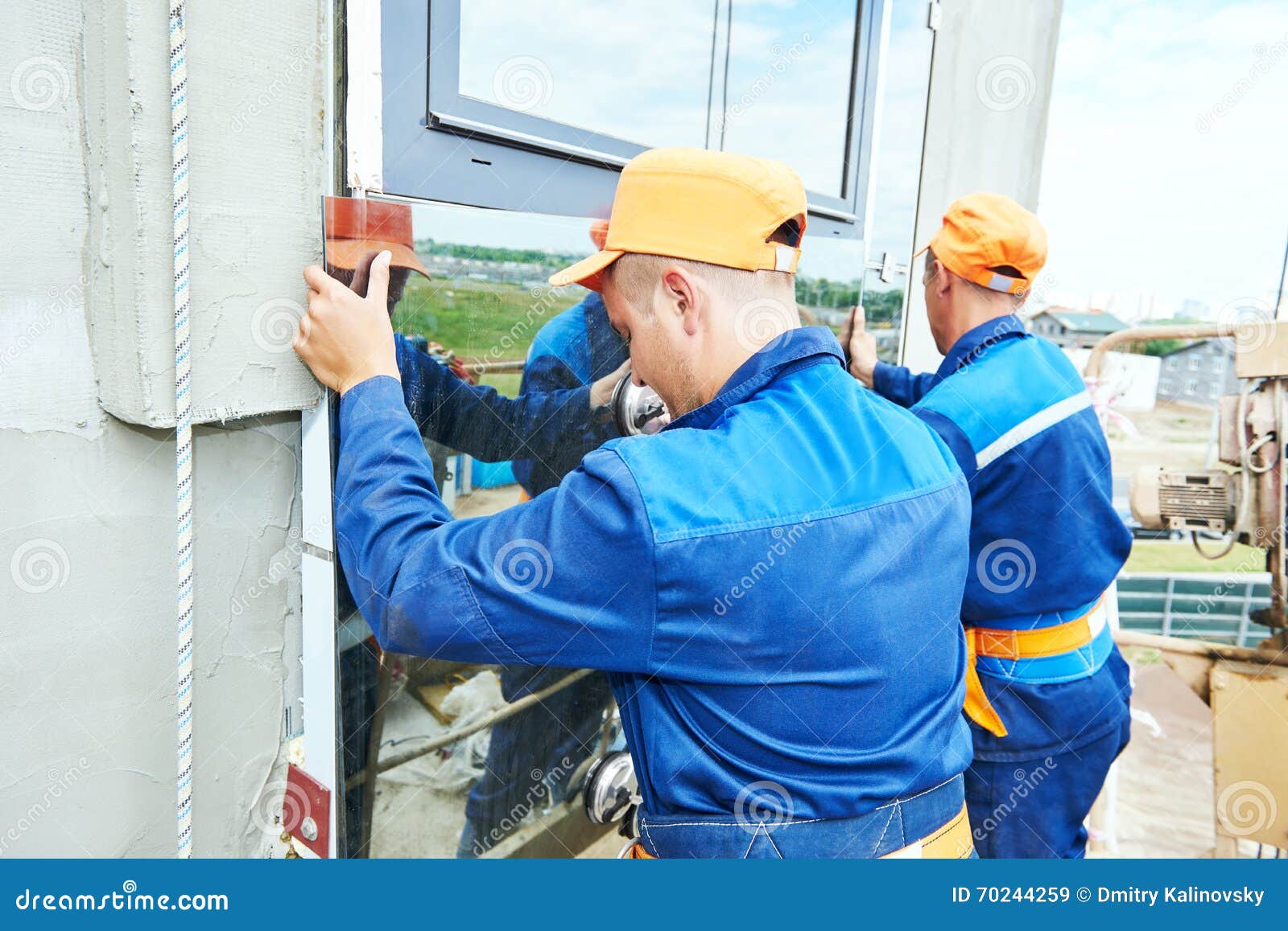 Builders Worker Installing Glass Windows on Facade Stock Image - Image ...