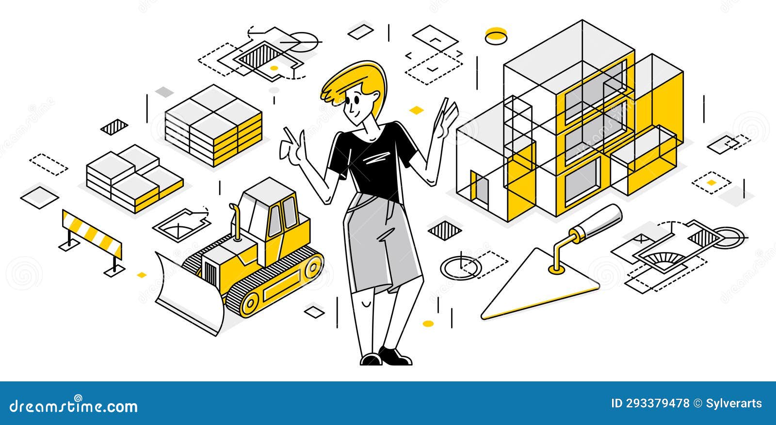 Building Architecture Designer Vector Outline Trendy Illustration, Construction Engineer Working ...