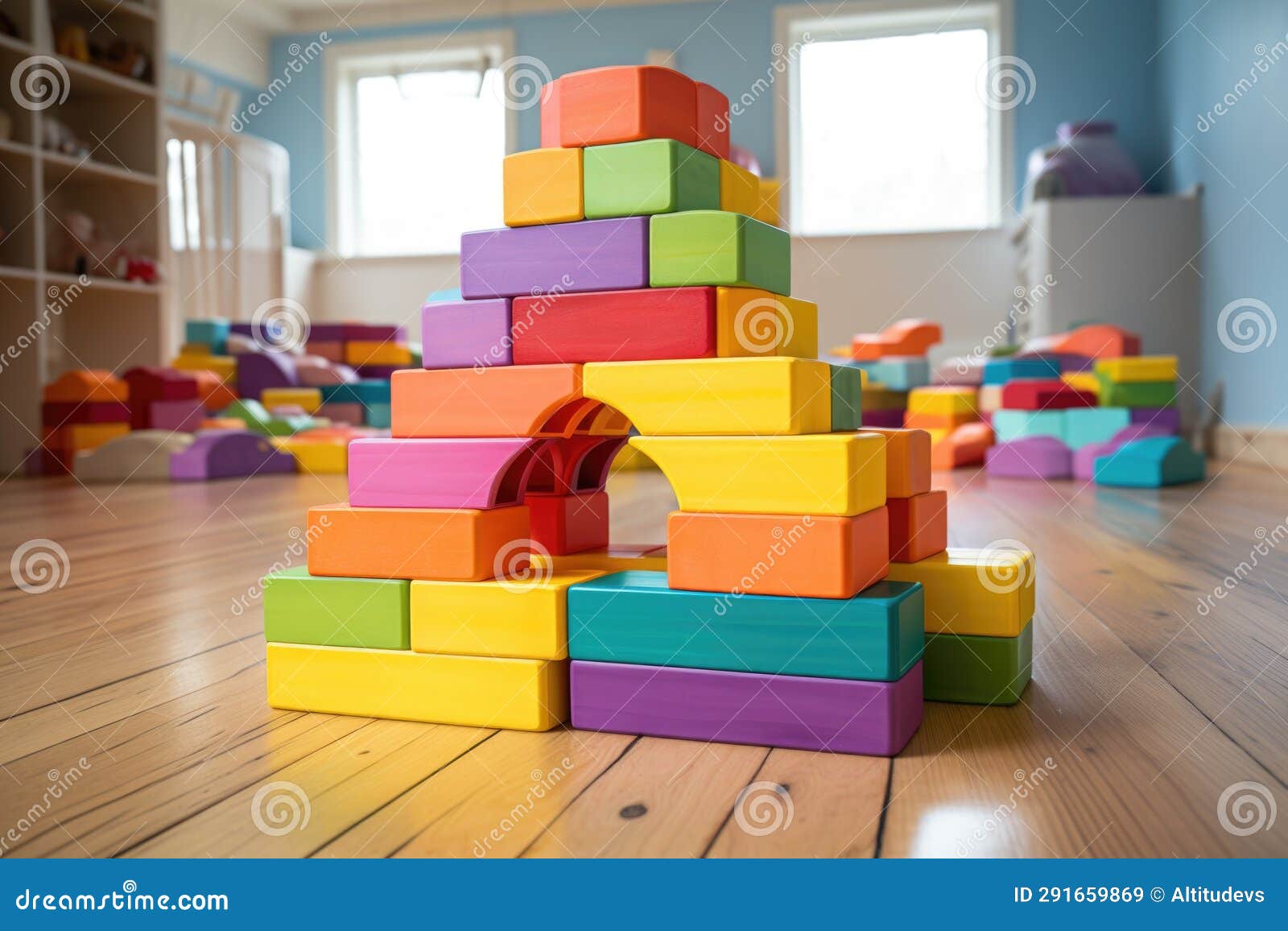 Building Blocks Stacked High on a Playroom Floor Stock Image - Image of ...