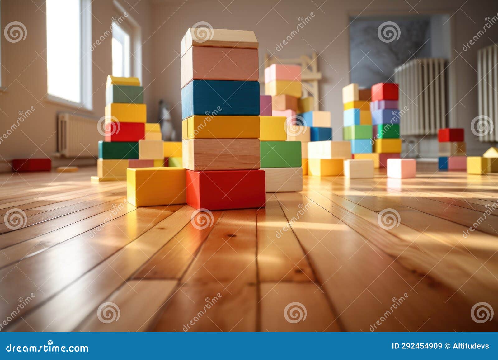 Building Blocks Stacked High on a Playroom Floor Stock Illustration ...