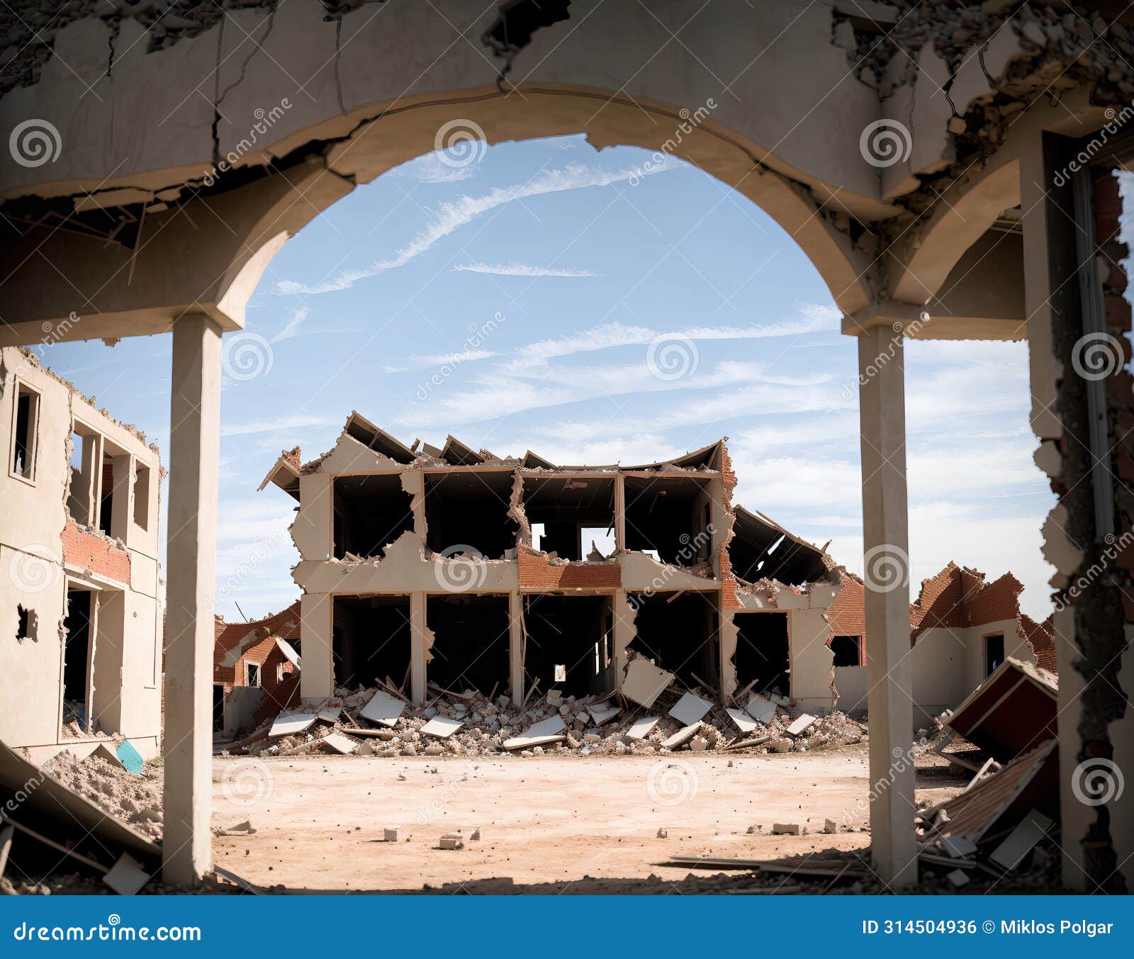 A Building with a Broken Window and Rubble on the Ground. Stock Photo ...