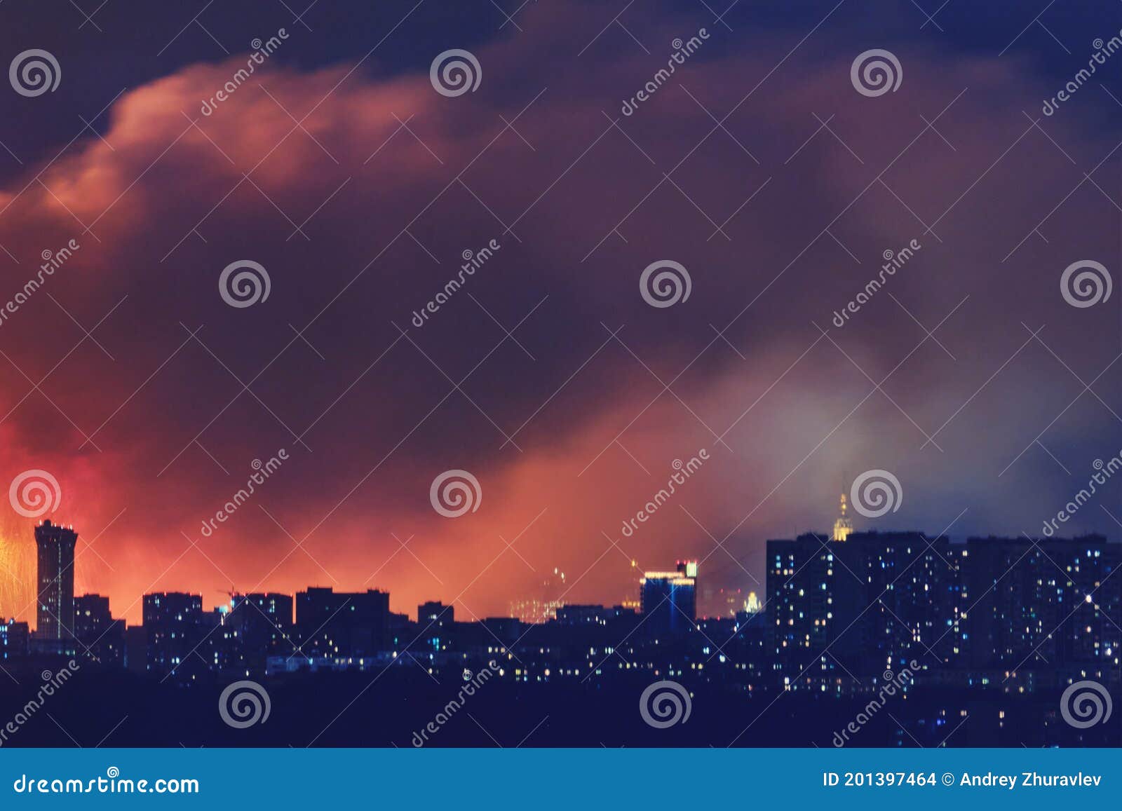 Building is Burned and Collapsed. Smoke and Fire Over the Night City ...