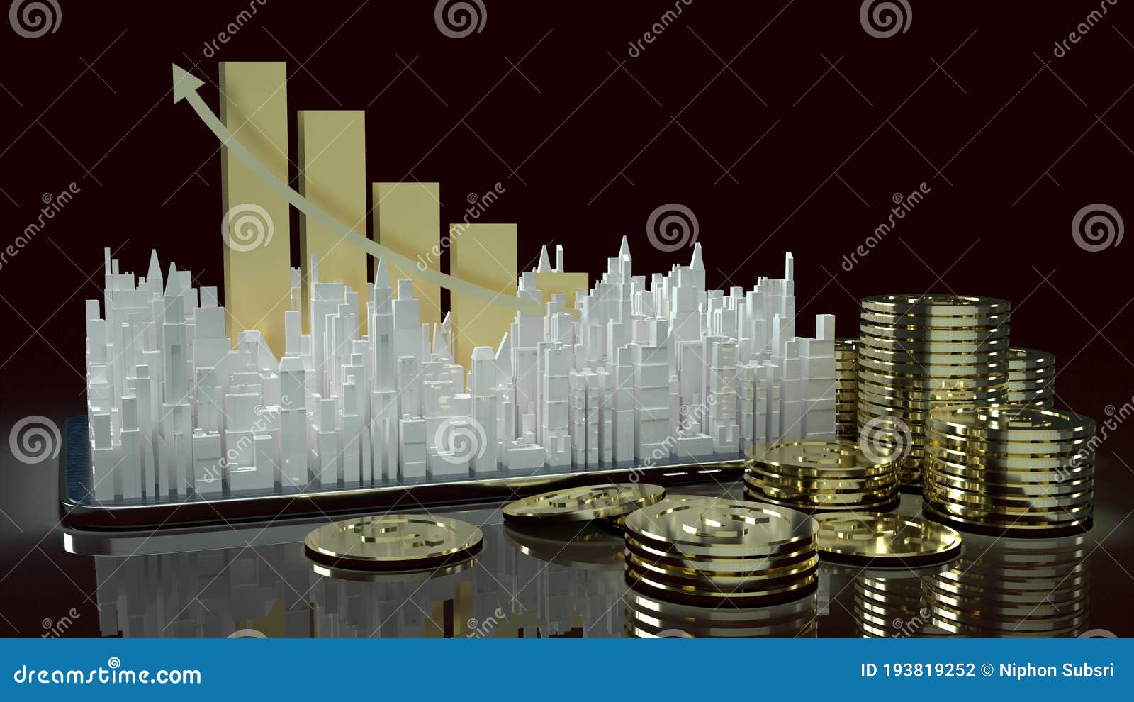 Building City and Chart Arrow Up on Tablet for Property Content 3d ...