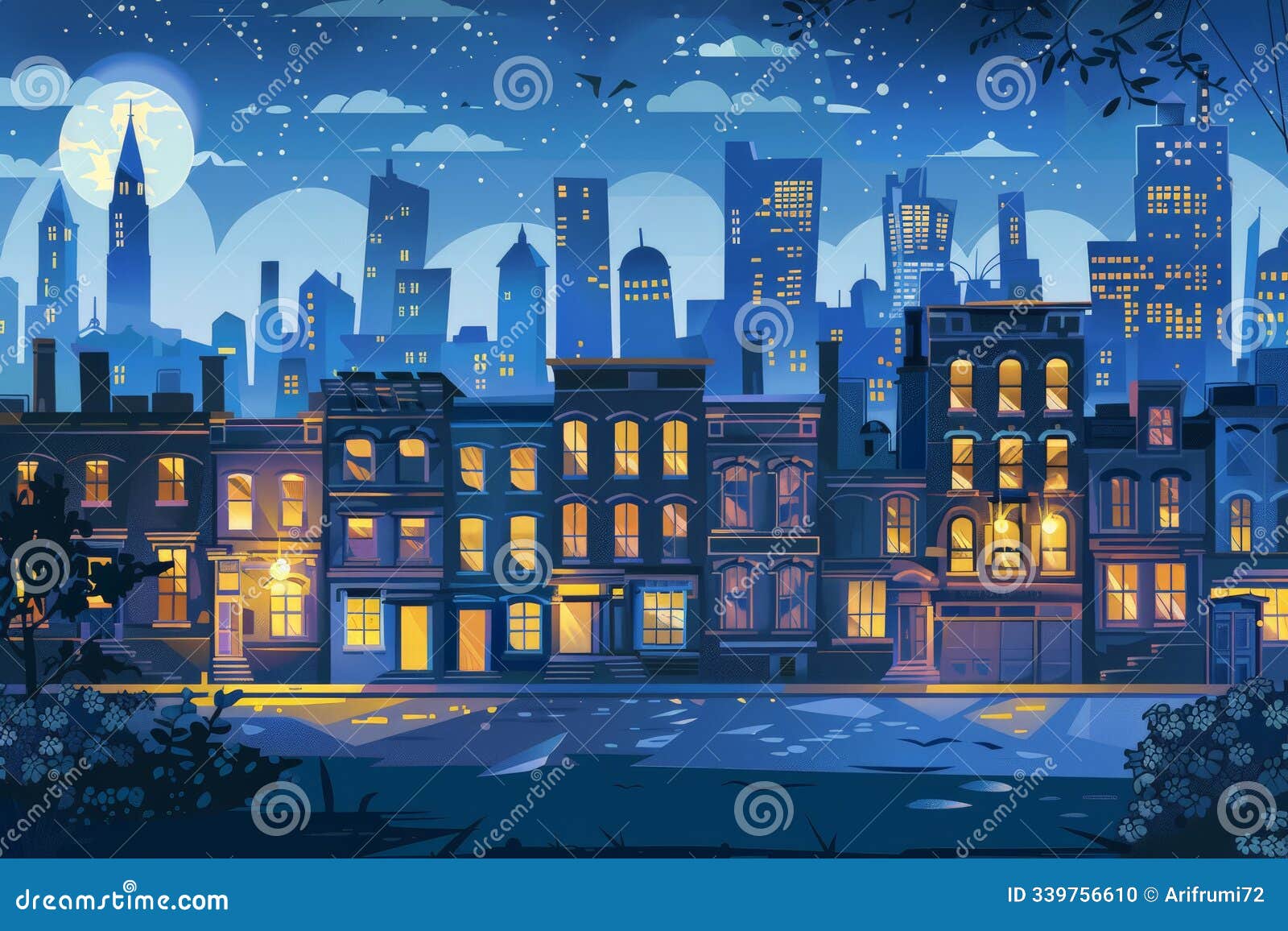 Building and City Illustration, City Scene on Night Time Illustration ...