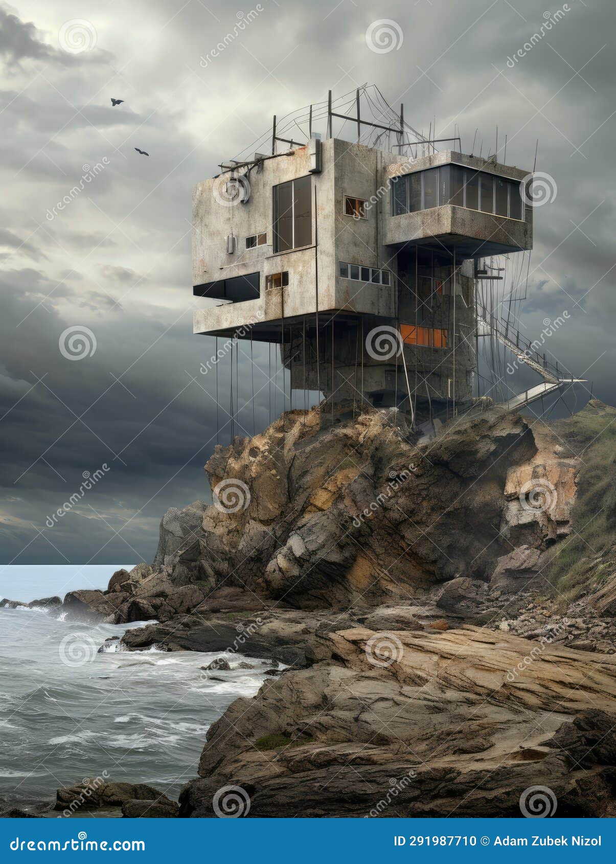 A building on a cliff stock illustration. Illustration of beach - 291987710