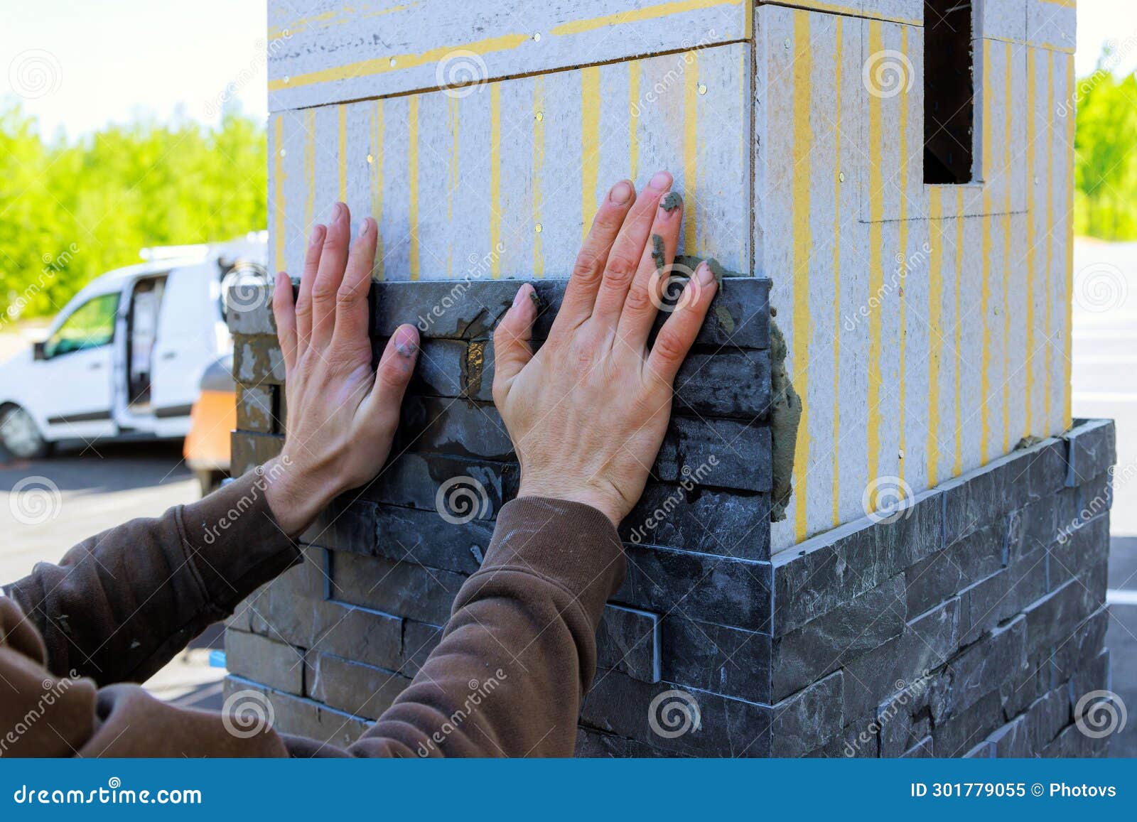 Building Columns are Faced with Tiles Installed by a Tiler Stock Image ...