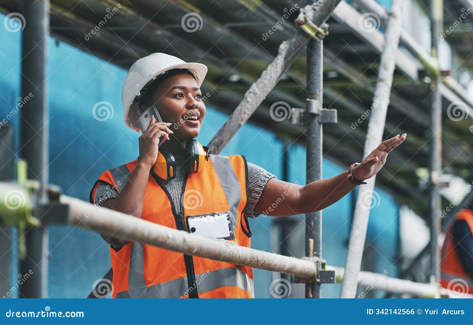 Building, Construction and Black Woman with Phone Call, Advice or ...