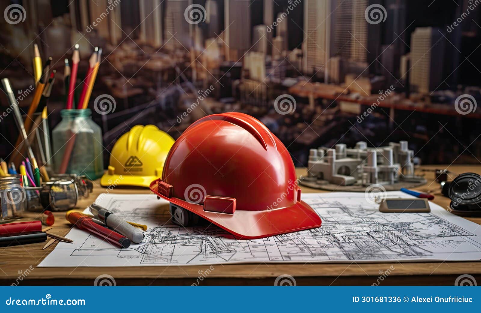 Building Construction Blueprints and Hard Hat Stock Illustration ...