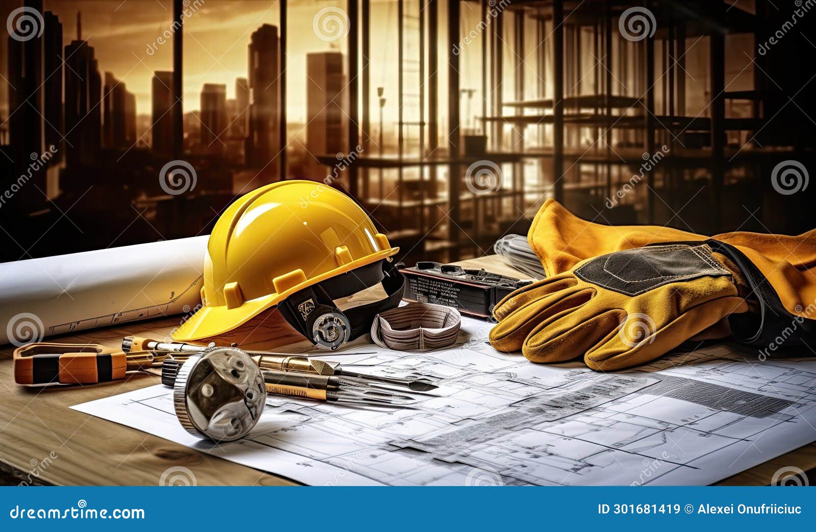 Building Construction Blueprints and Hard Hat Stock Illustration ...