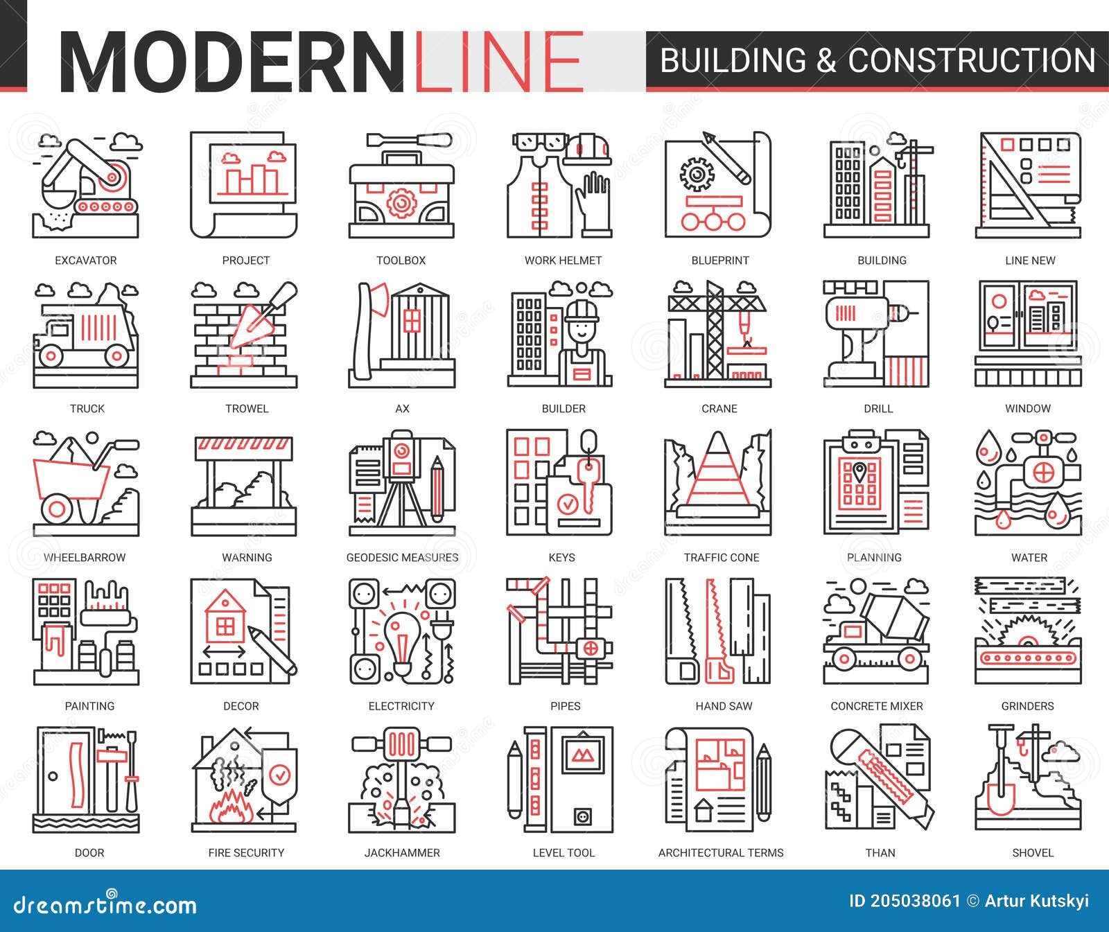 Building Construction Complex Red Black Line Icons Vector Illustration ...