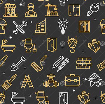 Building Construction Elements and Tools Pattern Background on a Black ...