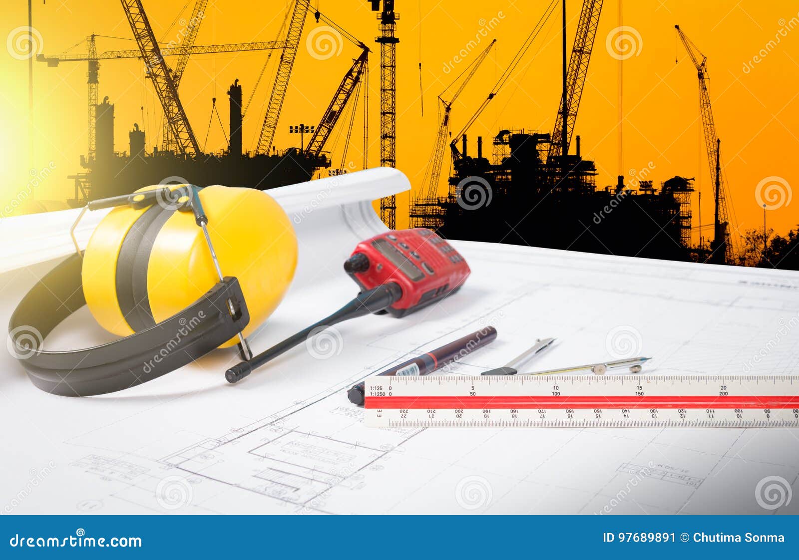 Building and Construction Equipment on Blueprints Stock Image - Image ...