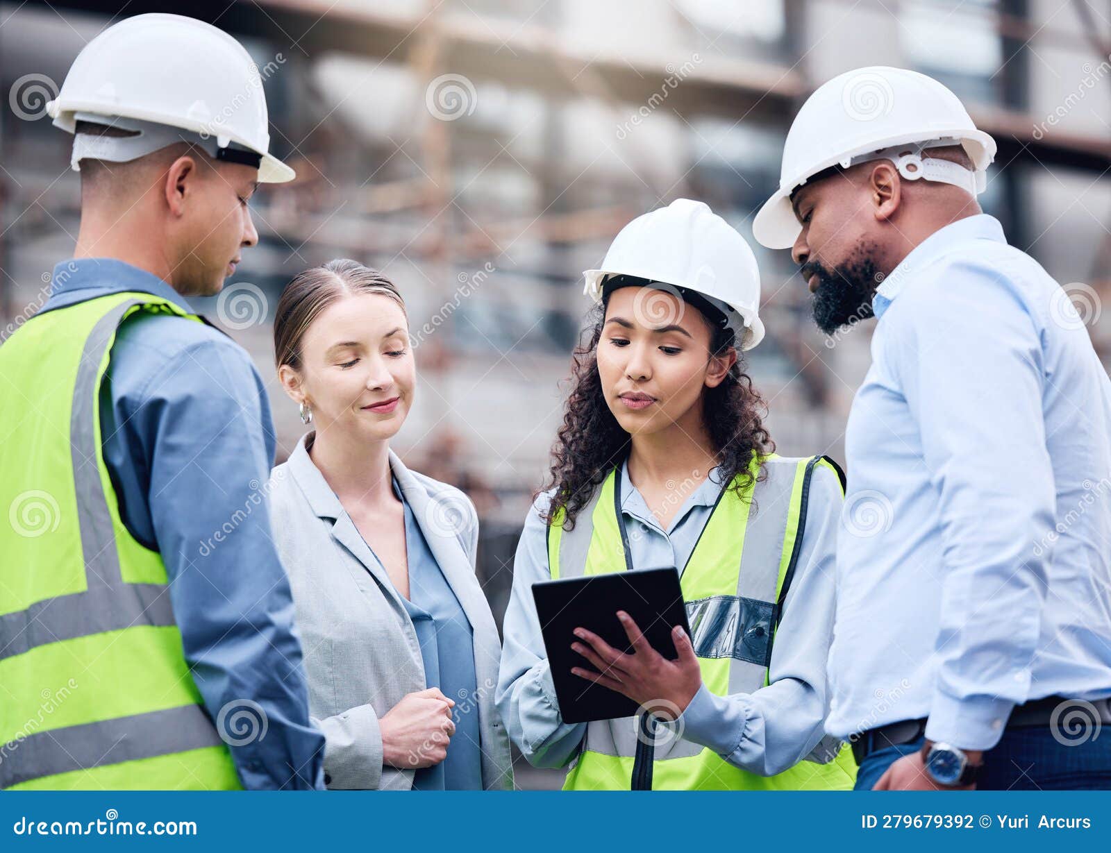 Building, Construction and Group with Architect on Tablet, Project ...