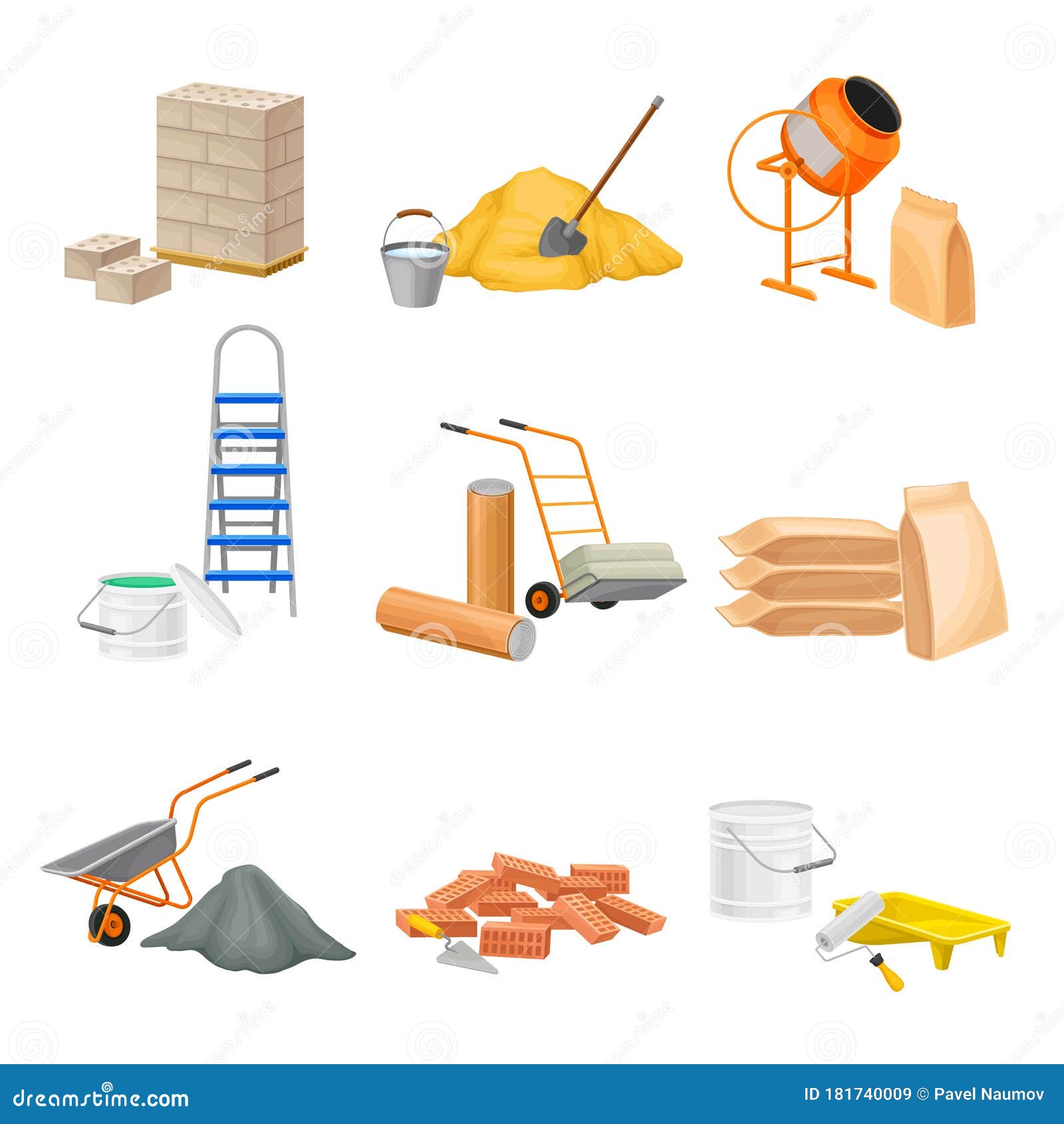 Building and Construction Materials Like Sand and Bricks Vector Set Stock Vector - Illustration ...