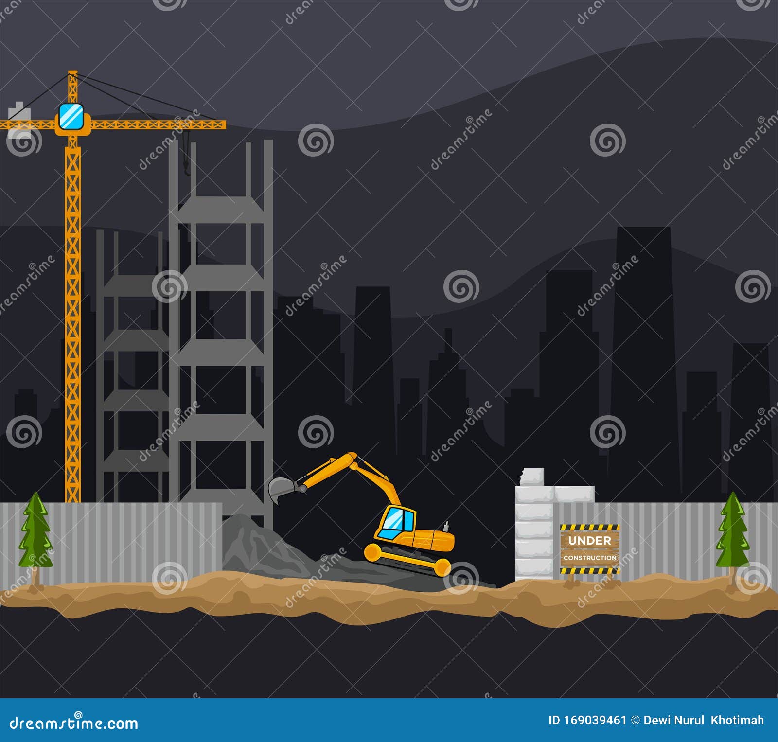 Building Construction Process Excavator and Crane Free Vector Stock ...