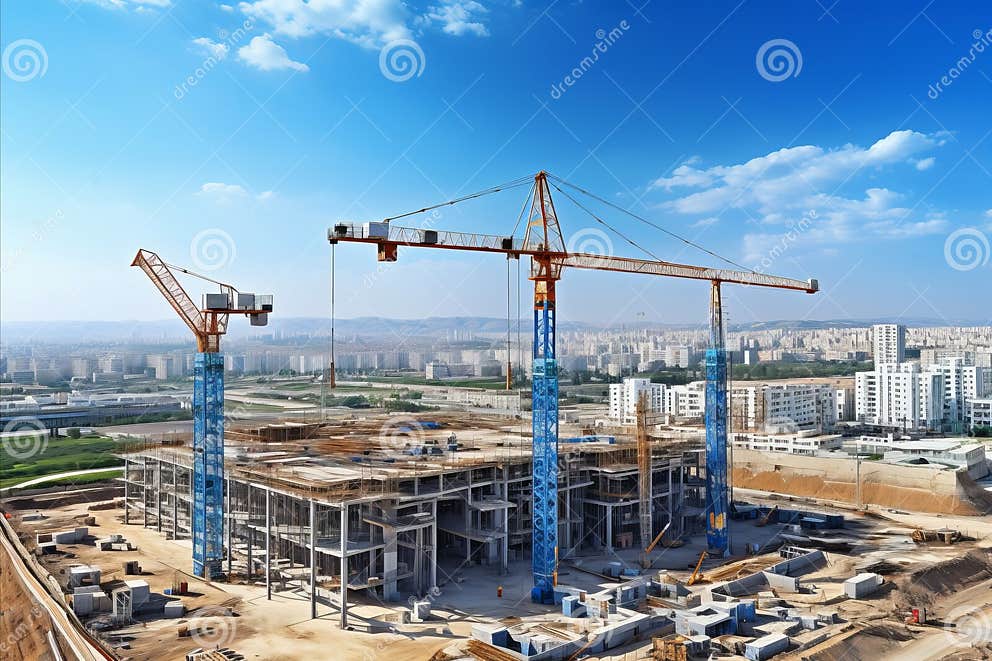 Building Construction in Progress. Construction Crane Erecting an Unfinished Tall Structure ...