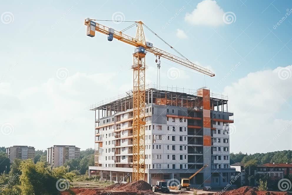 Building Construction in Progress. Construction Crane Erecting an Unfinished Tall Structure ...