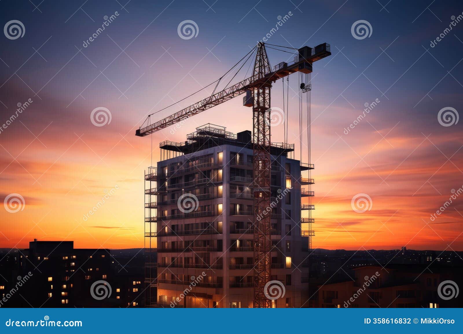 Building Construction In Progress. Construction Crane Erecting An ...