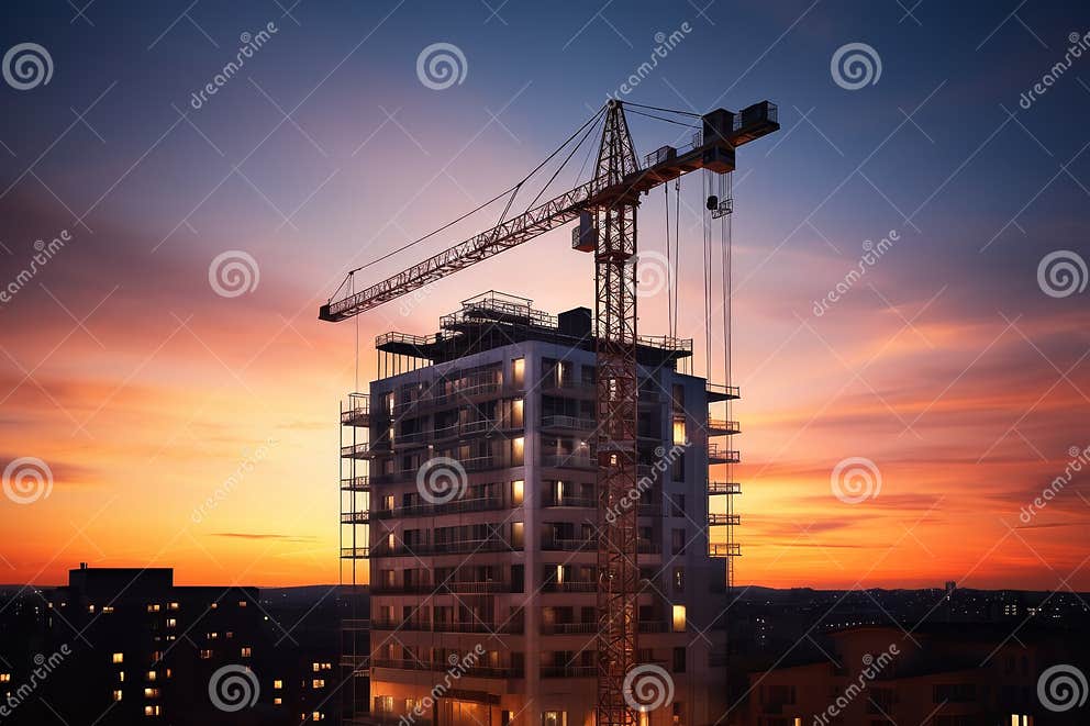 Building Construction in Progress. Construction Crane Erecting an Unfinished Tall Structure ...