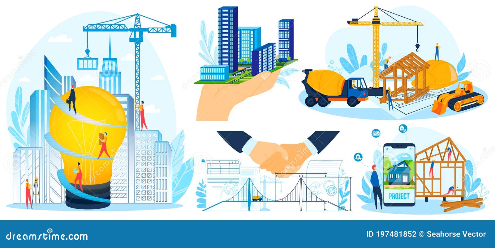 Building Construction Project Design Vector Illustration Set, Cartoon ...