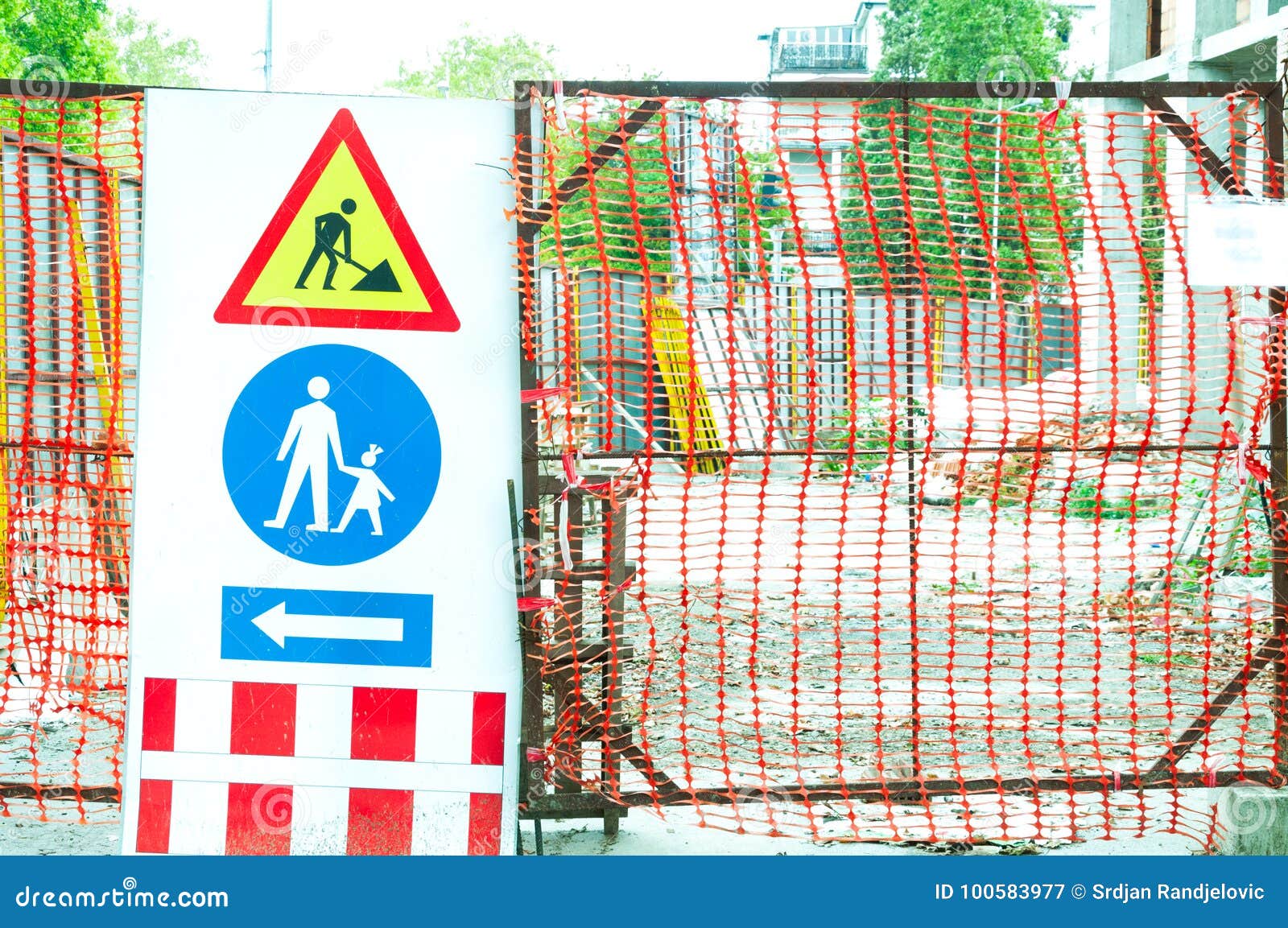 Building Construction Site Gate with Warning Signs for Caution. Stock ...