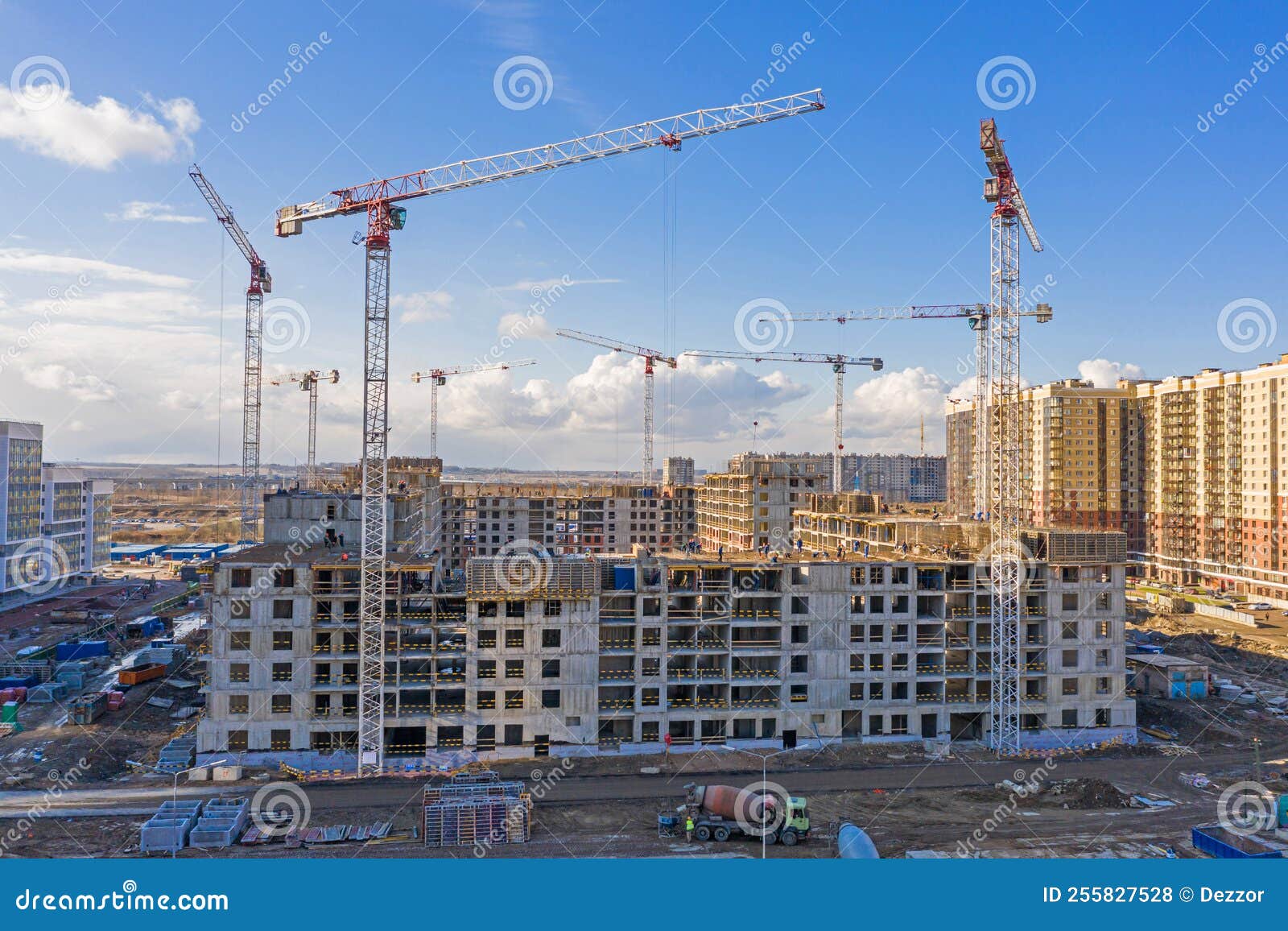 Building Construction Site, Tall Residential Complex and Cranes Stock ...