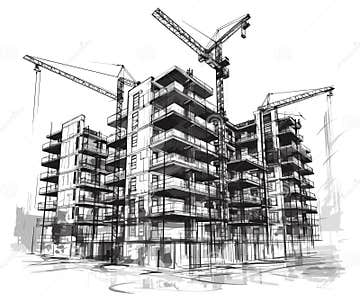 Building Construction Sketch. Skyscraper Residential Building or ...
