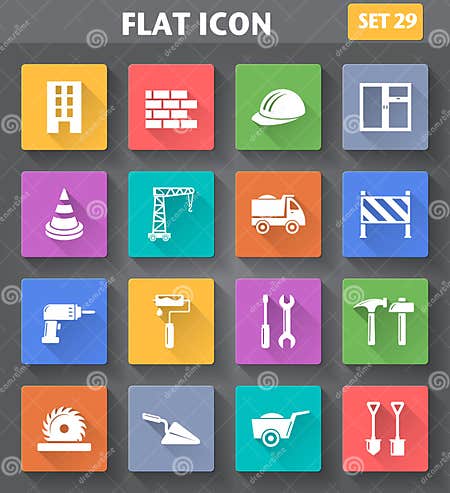 Building, Construction and Tools Icons Set in Flat Style with Lo Stock ...