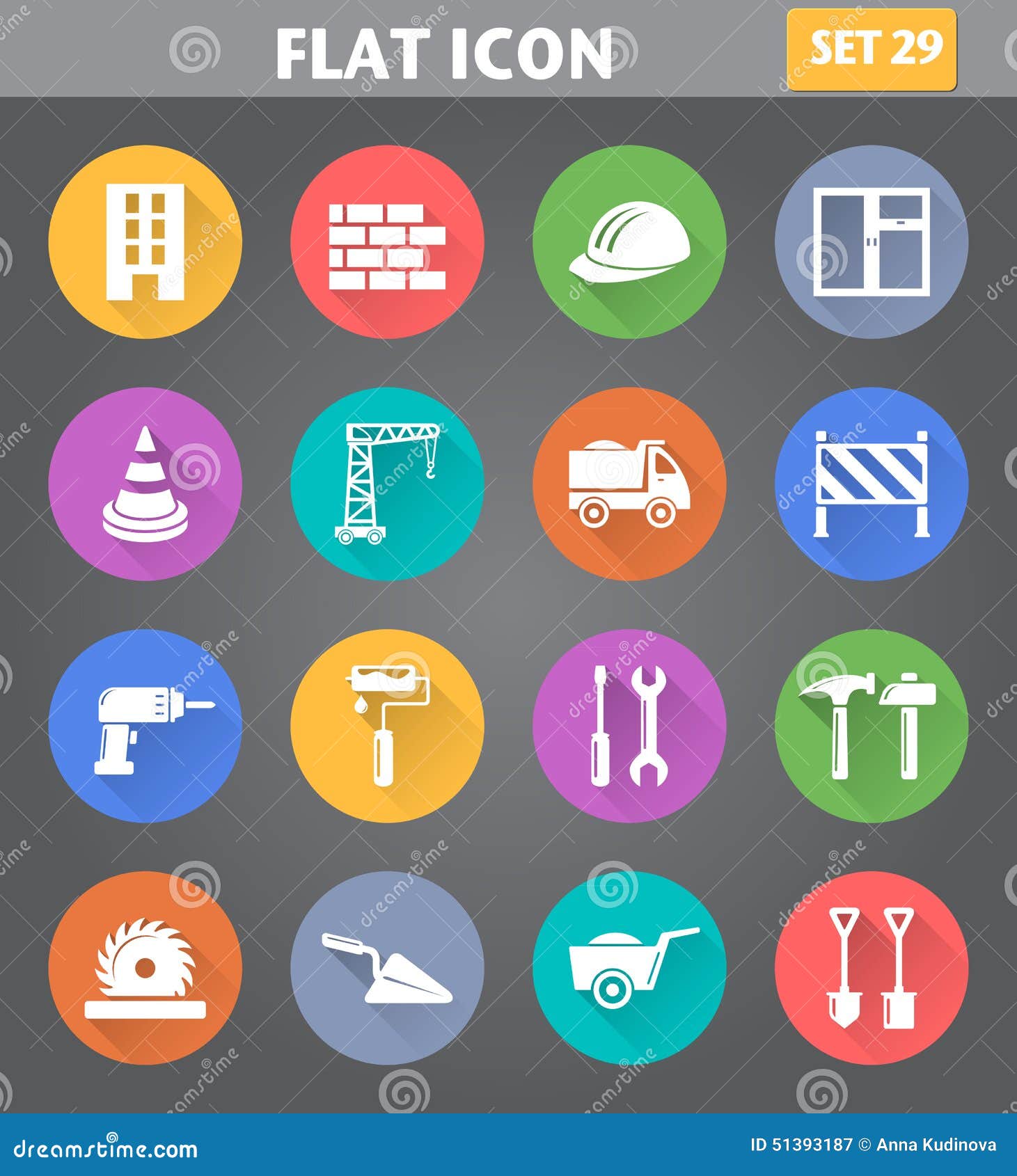 Building, Construction and Tools Icons Set in Flat Style with Lo Stock ...