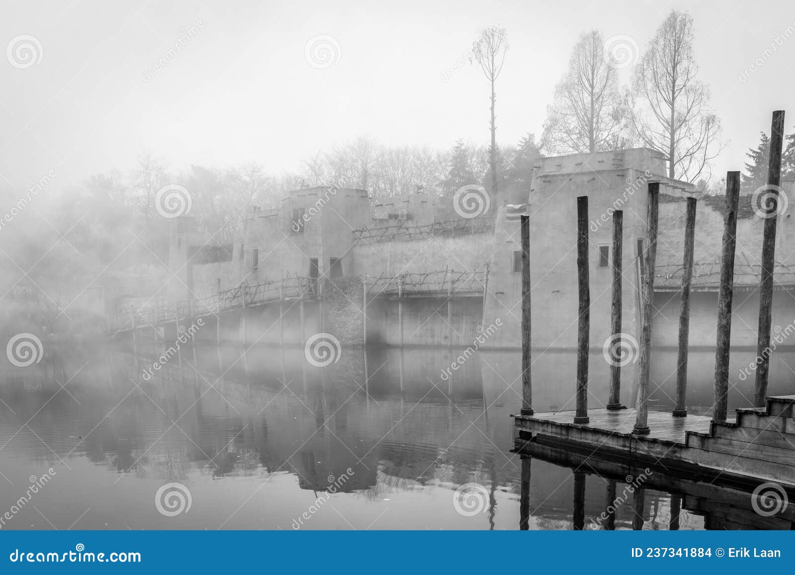 Building Covered in Mist, at a Lake Stock Photo - Image of nature ...