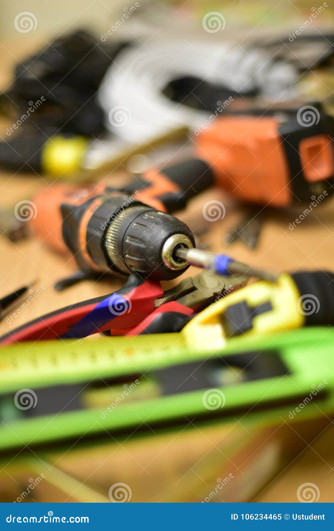 Construction and Tools on the Table Stock Image - Image of equipment ...