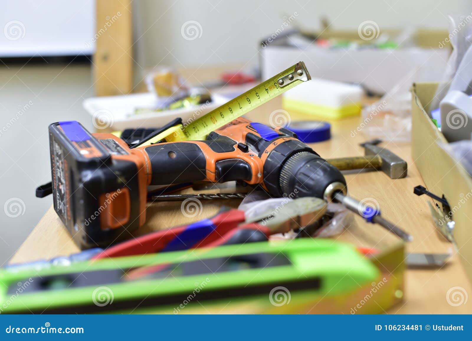 Construction and Tools on the Table Stock Image - Image of steel, desk ...