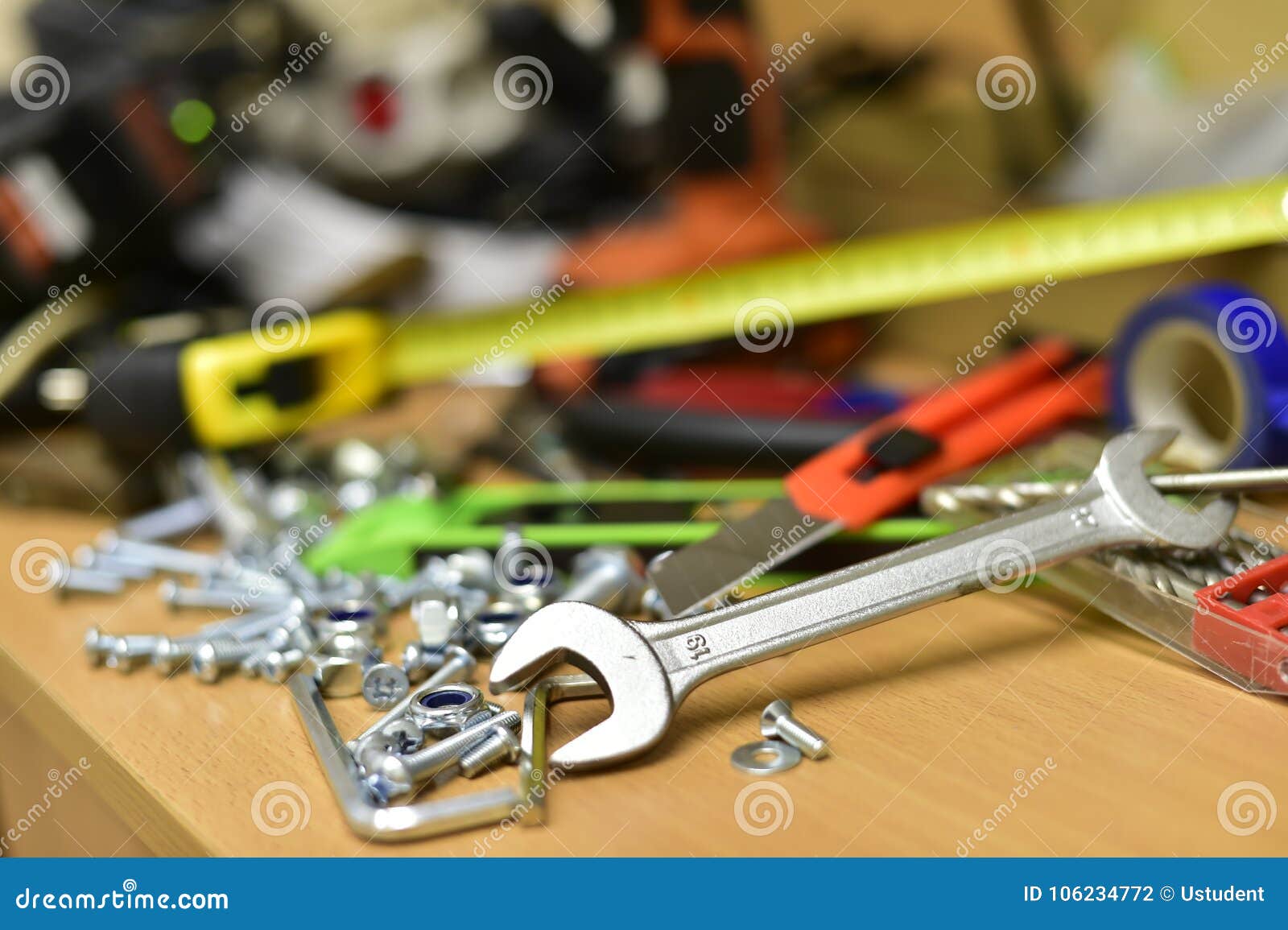 Construction and Tools on the Table Stock Photo - Image of background ...