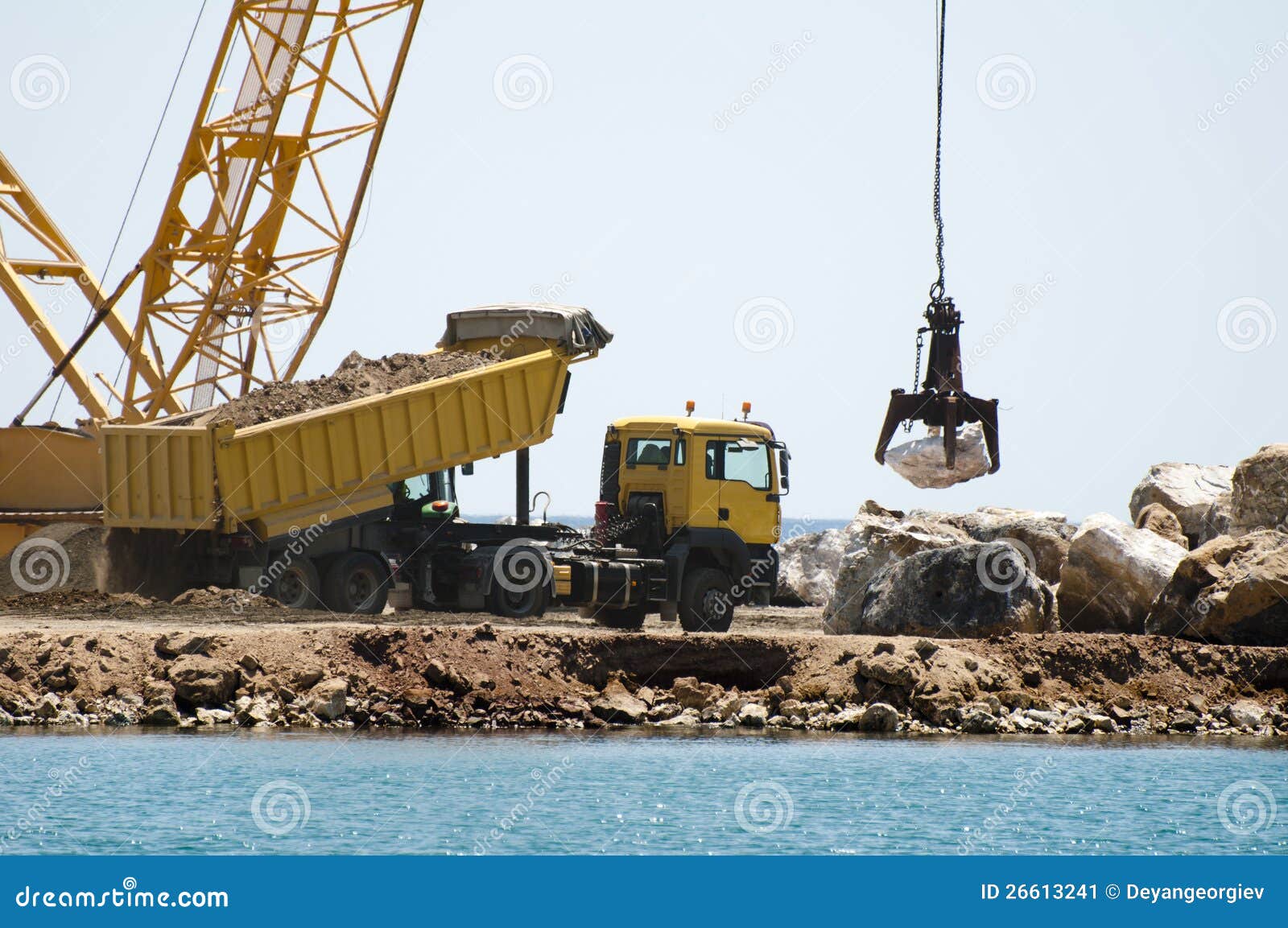 Building a Dike. Cranes and Excavator Put Stones Stock Image - Image of ...