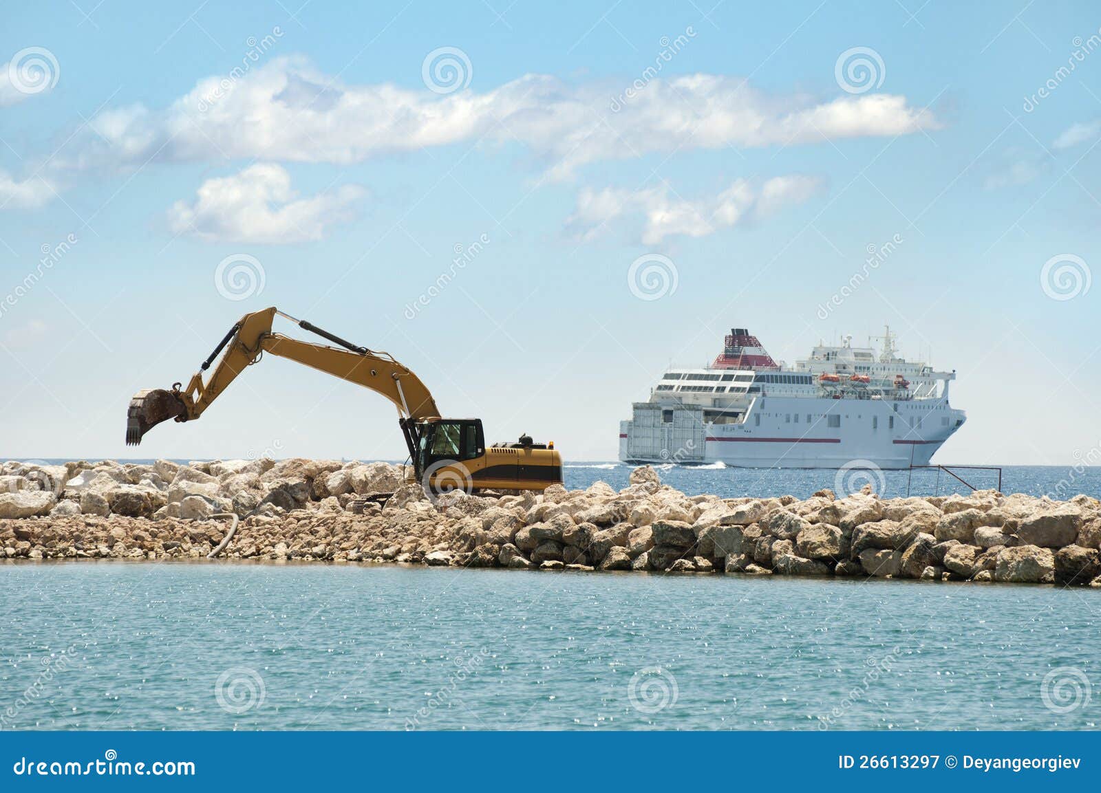 Building a Dike. Excavator Put Stones Stock Image - Image of ...