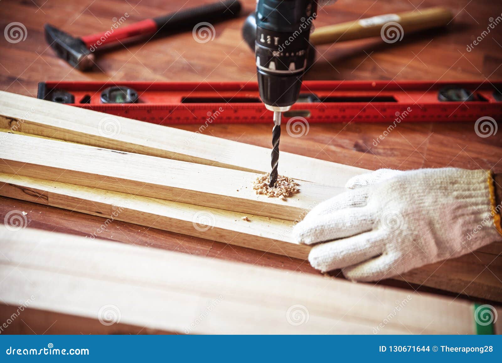 Building DIY with Drilling Machine. Professional Carpenter Worki Stock ...