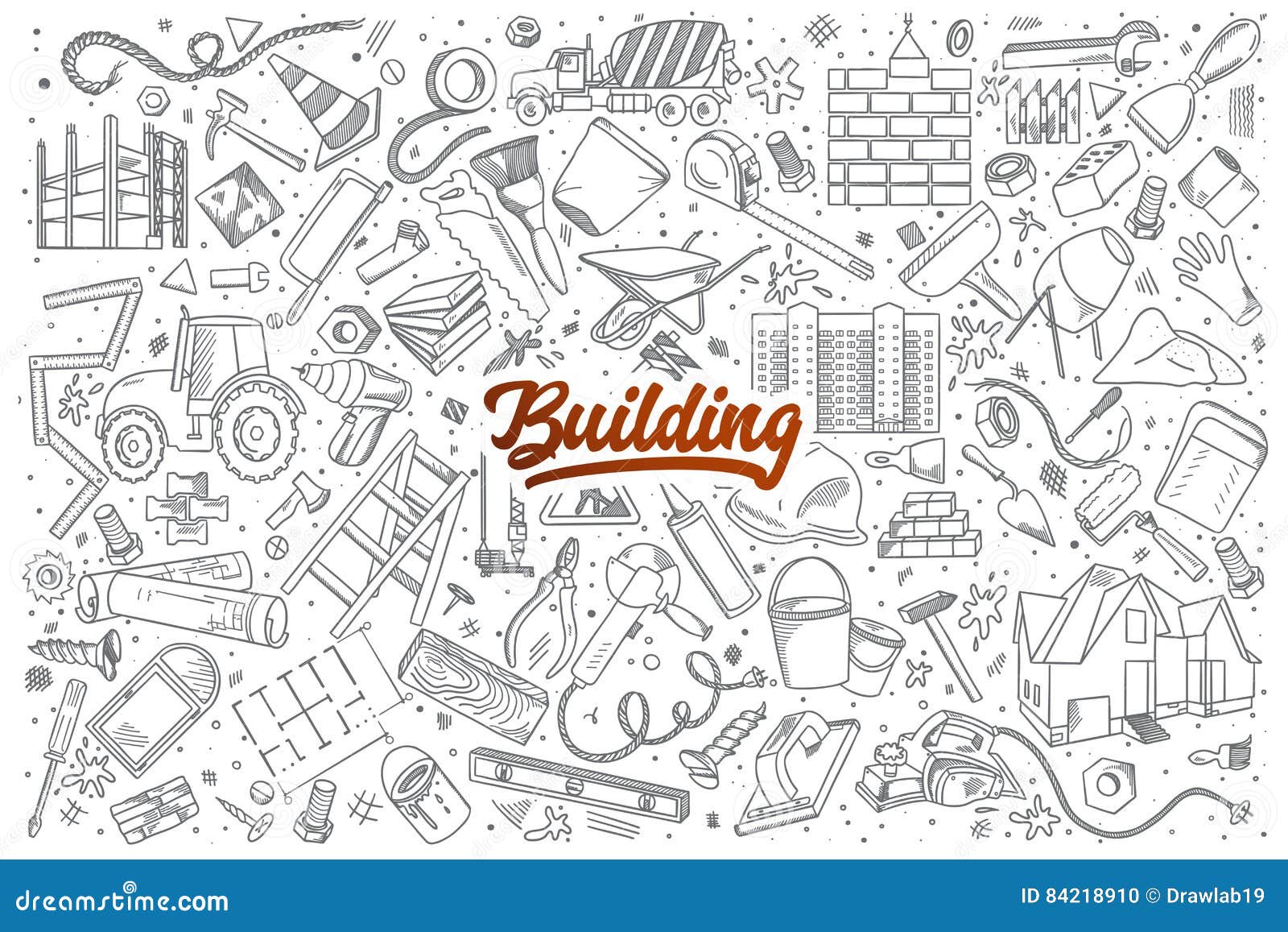 Building Doodle Set with Red Lettering Stock Vector - Illustration of ...