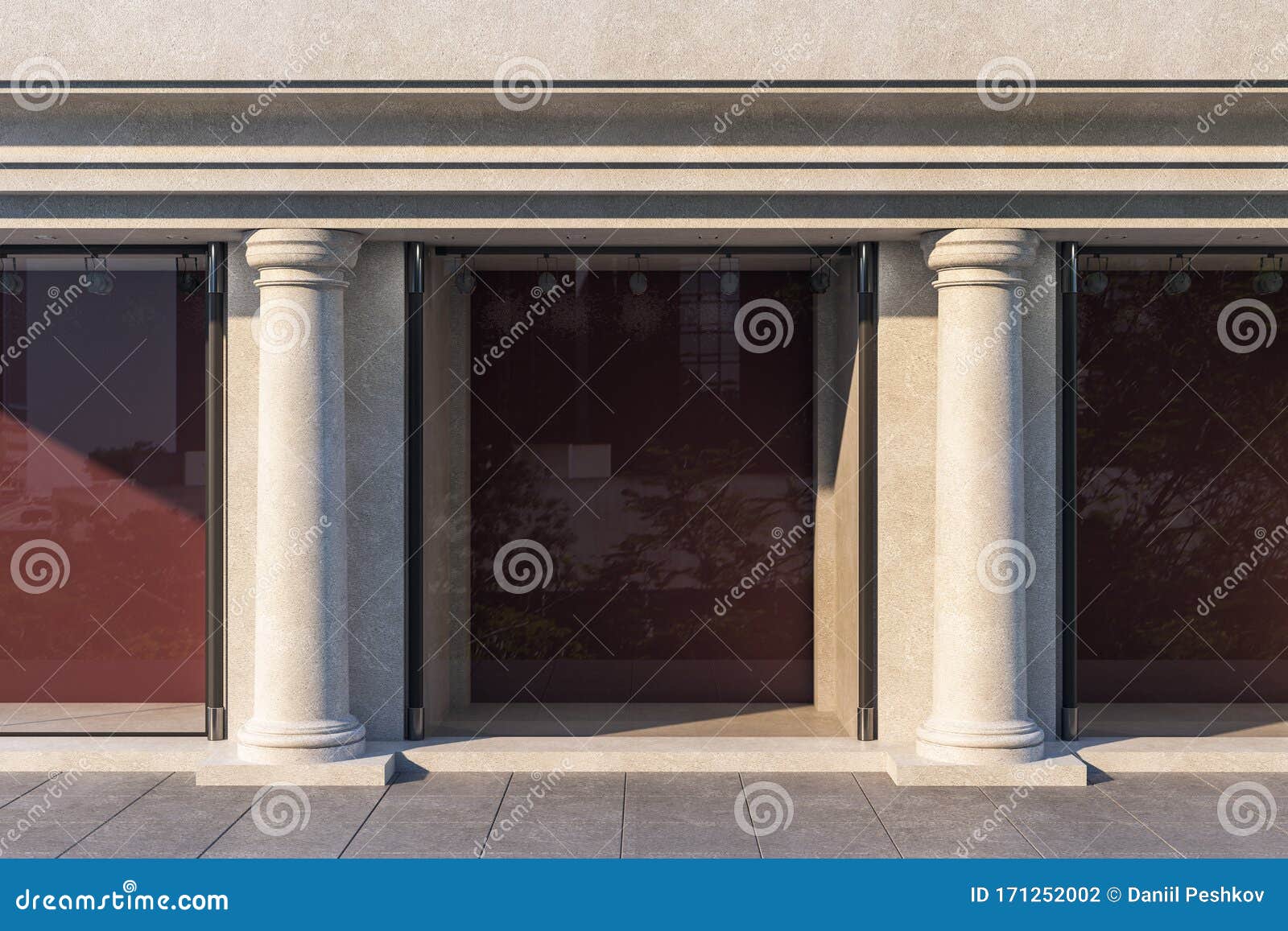 Building with Empty Glass Showcase and Columns Stock Illustration ...