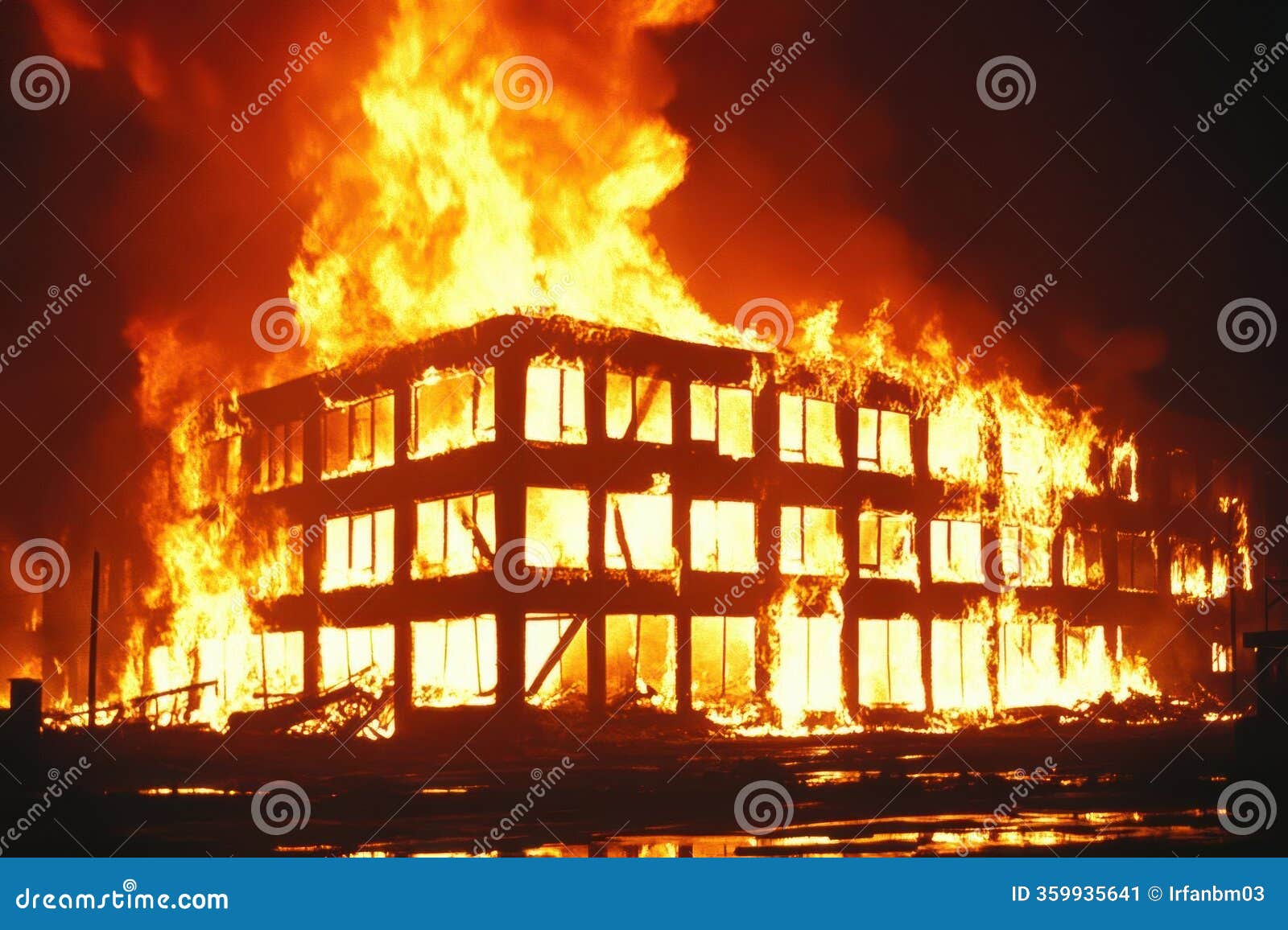 Building Engulfed in Flames at Night, Destructive Fire Incident Stock ...