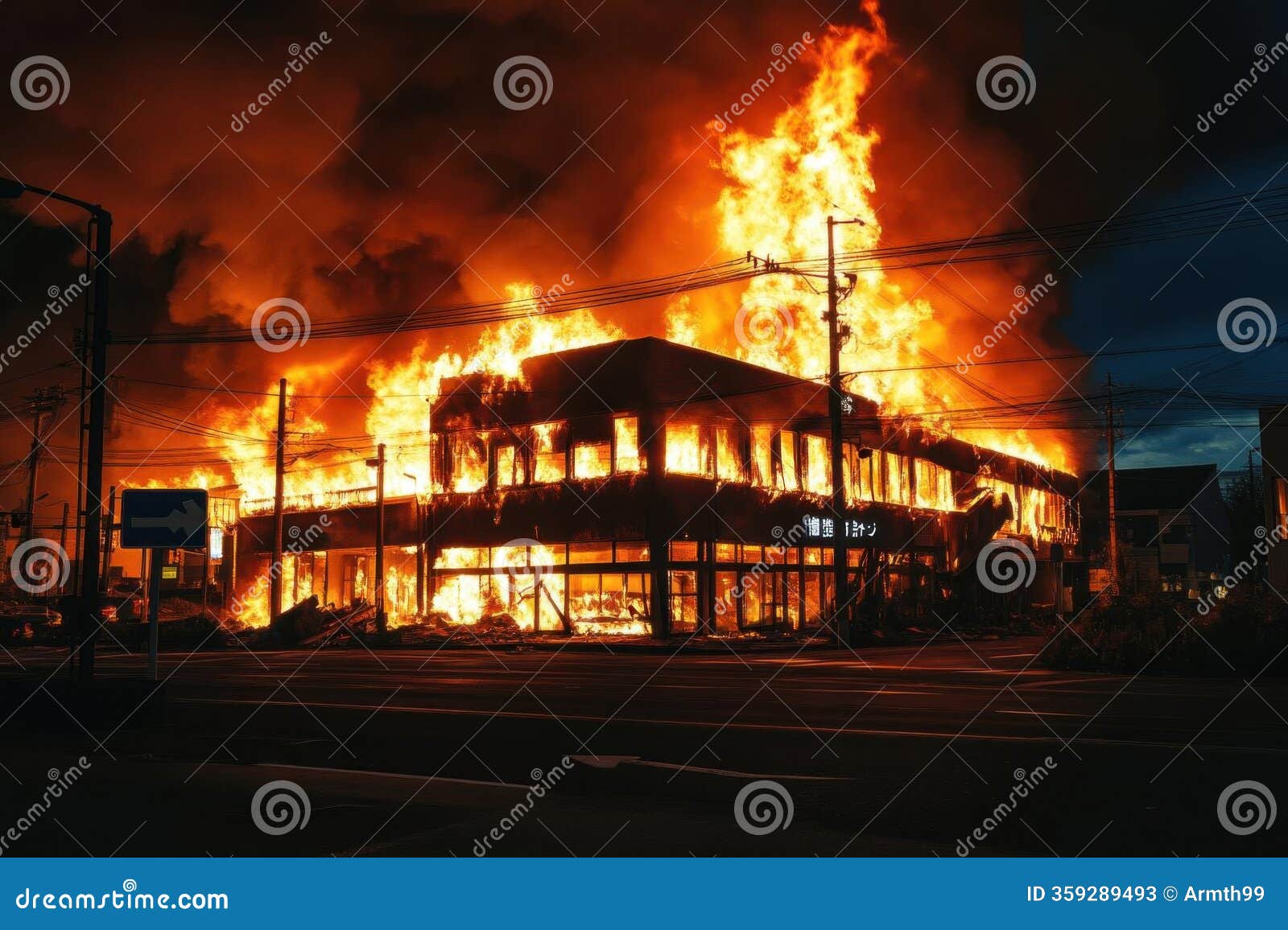 Building Engulfed in Flames at Night, Intense Fire Disaster Scene Stock ...