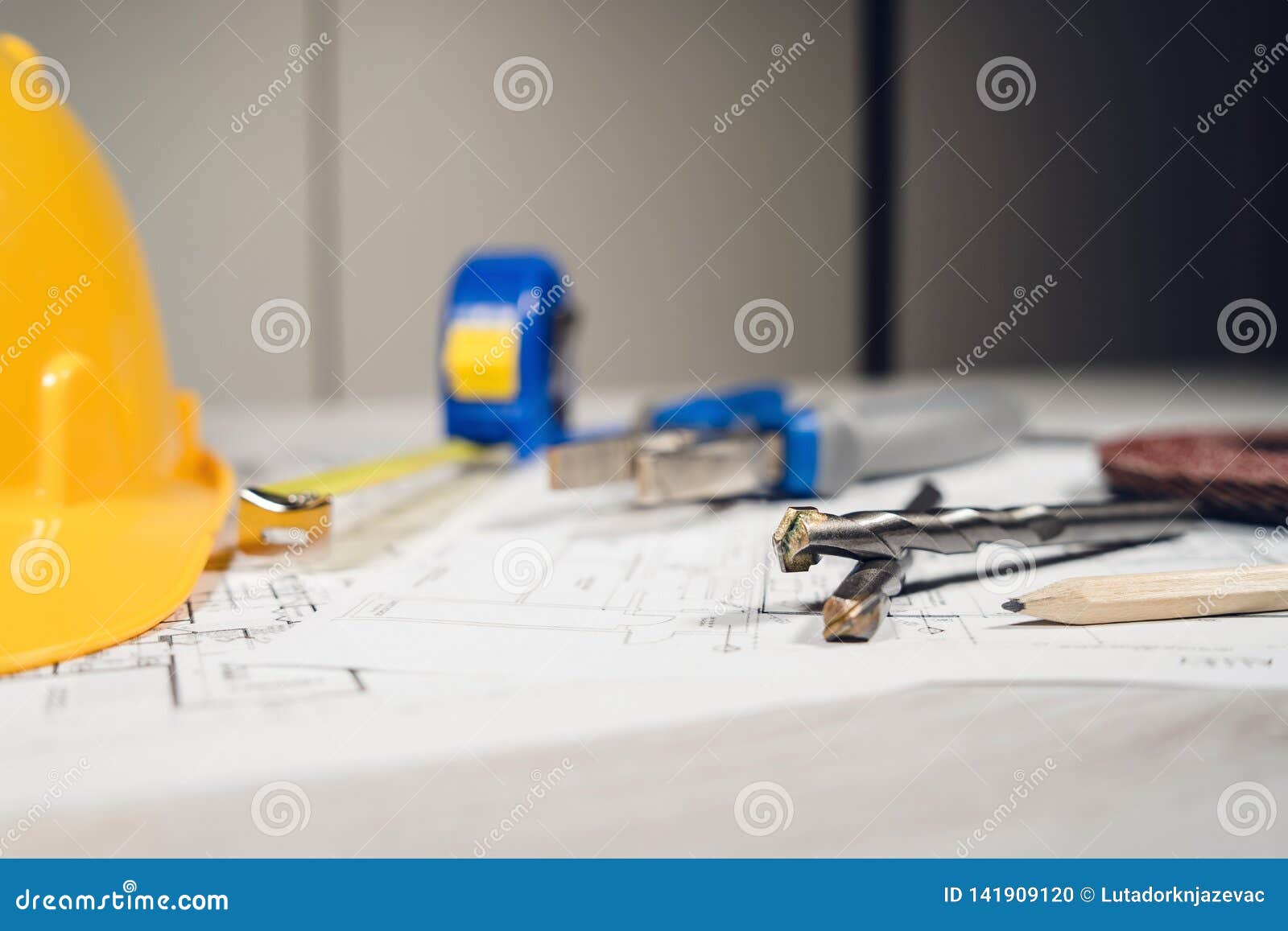 Building Equipment on the Table Over Construction Blueprints Stock ...