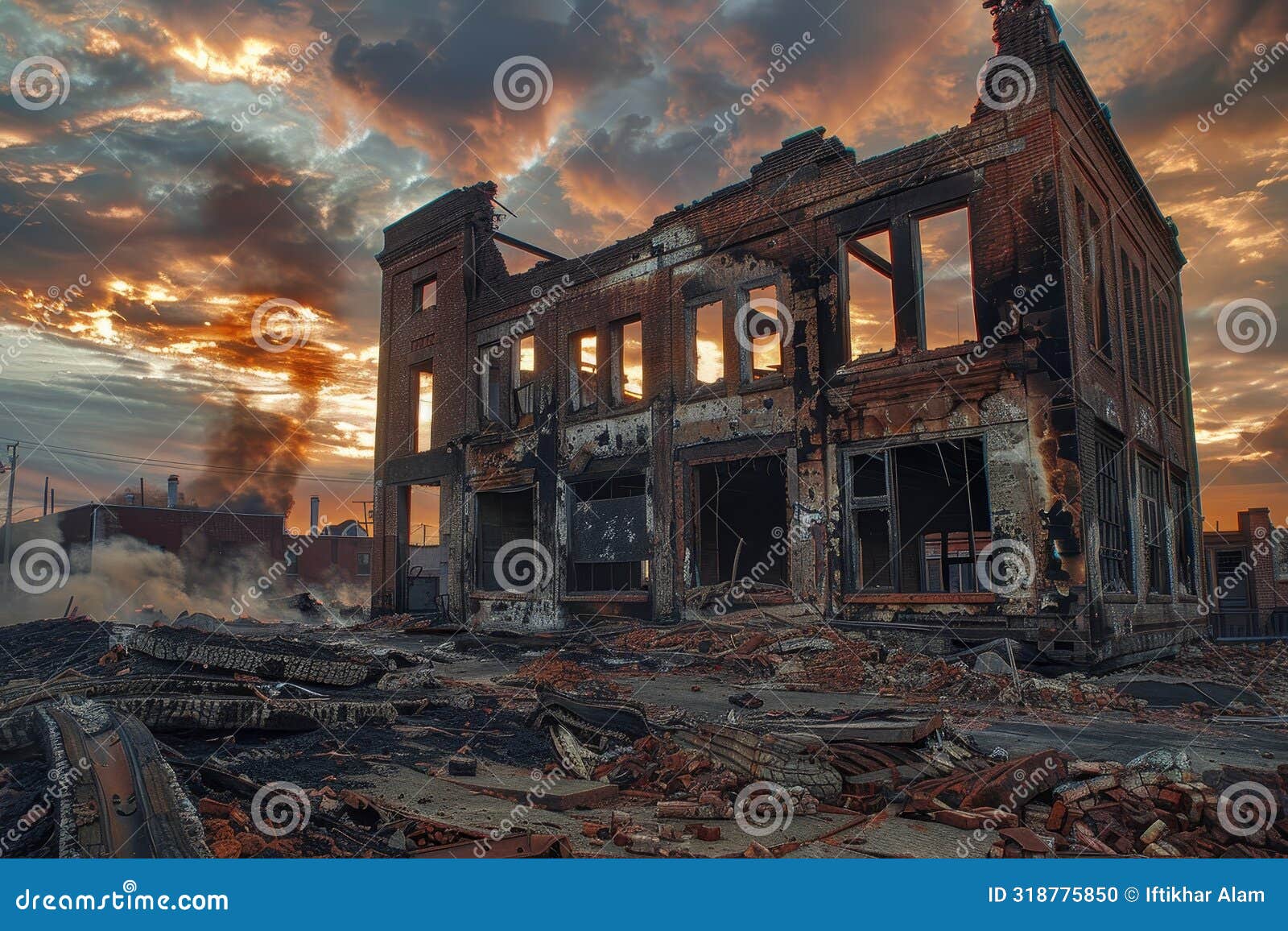 A Building Extensively Damaged By Fire, With Billowing Smoke Emerging ...