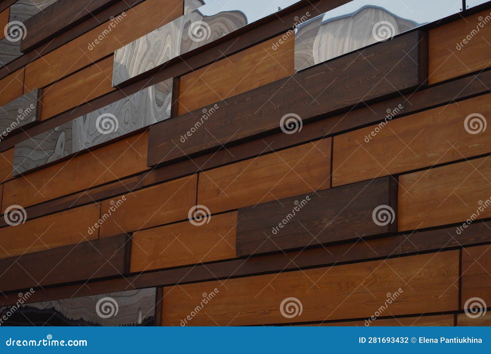 Building Facade Cladding. Decorative Rectangular Brown Wood and Mirror ...