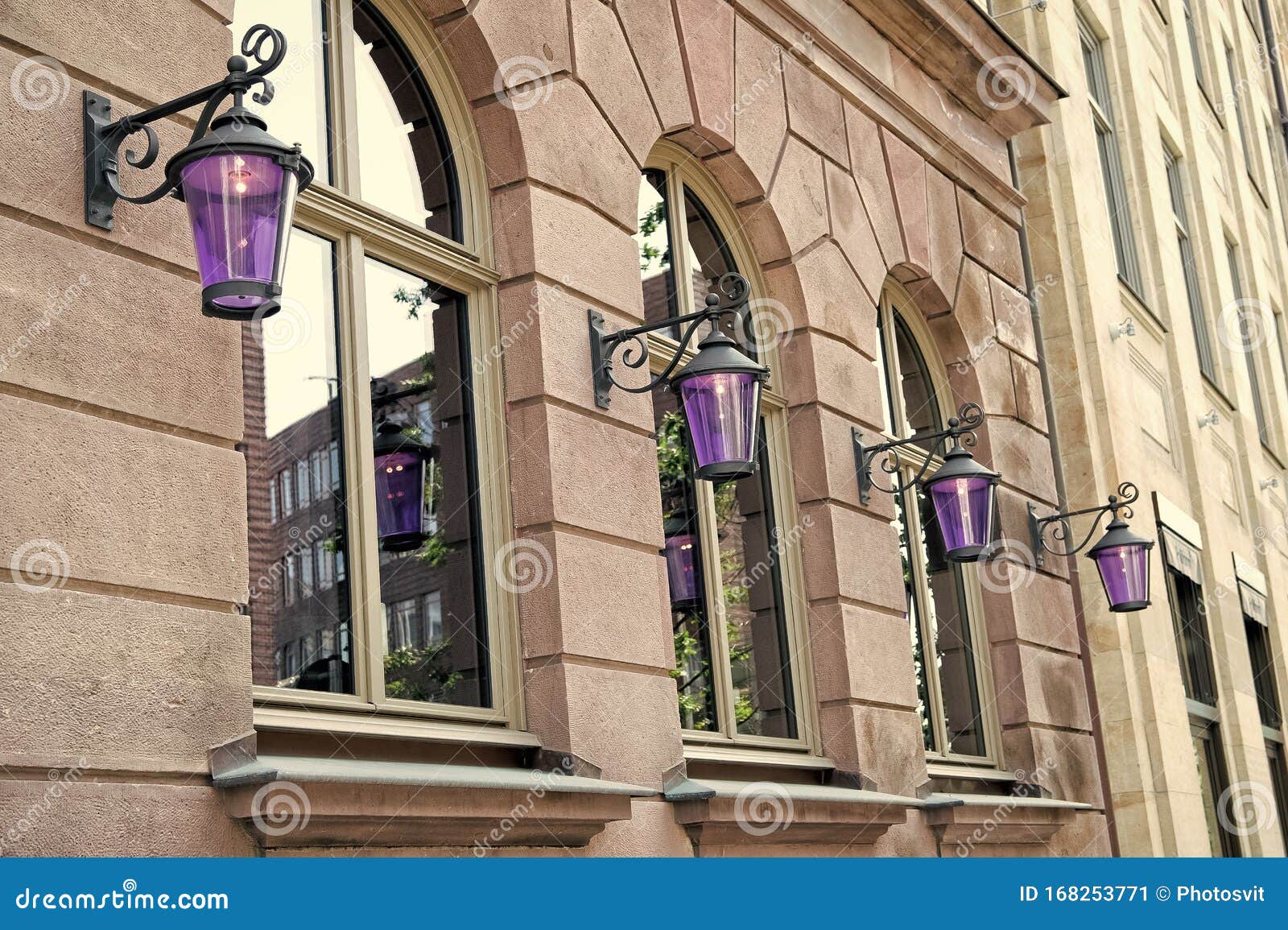 Building Facade. Old Building Exterior with Windows and Lanterns ...