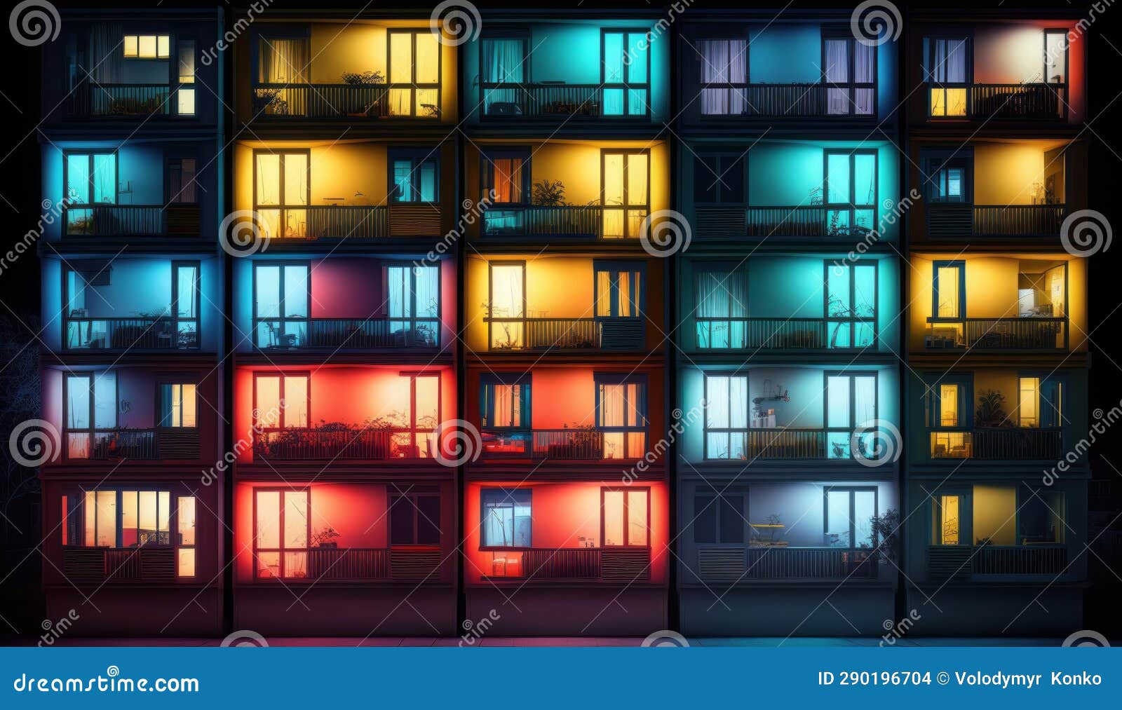 Building Facade with the Windows Lighted in Different Colors ...