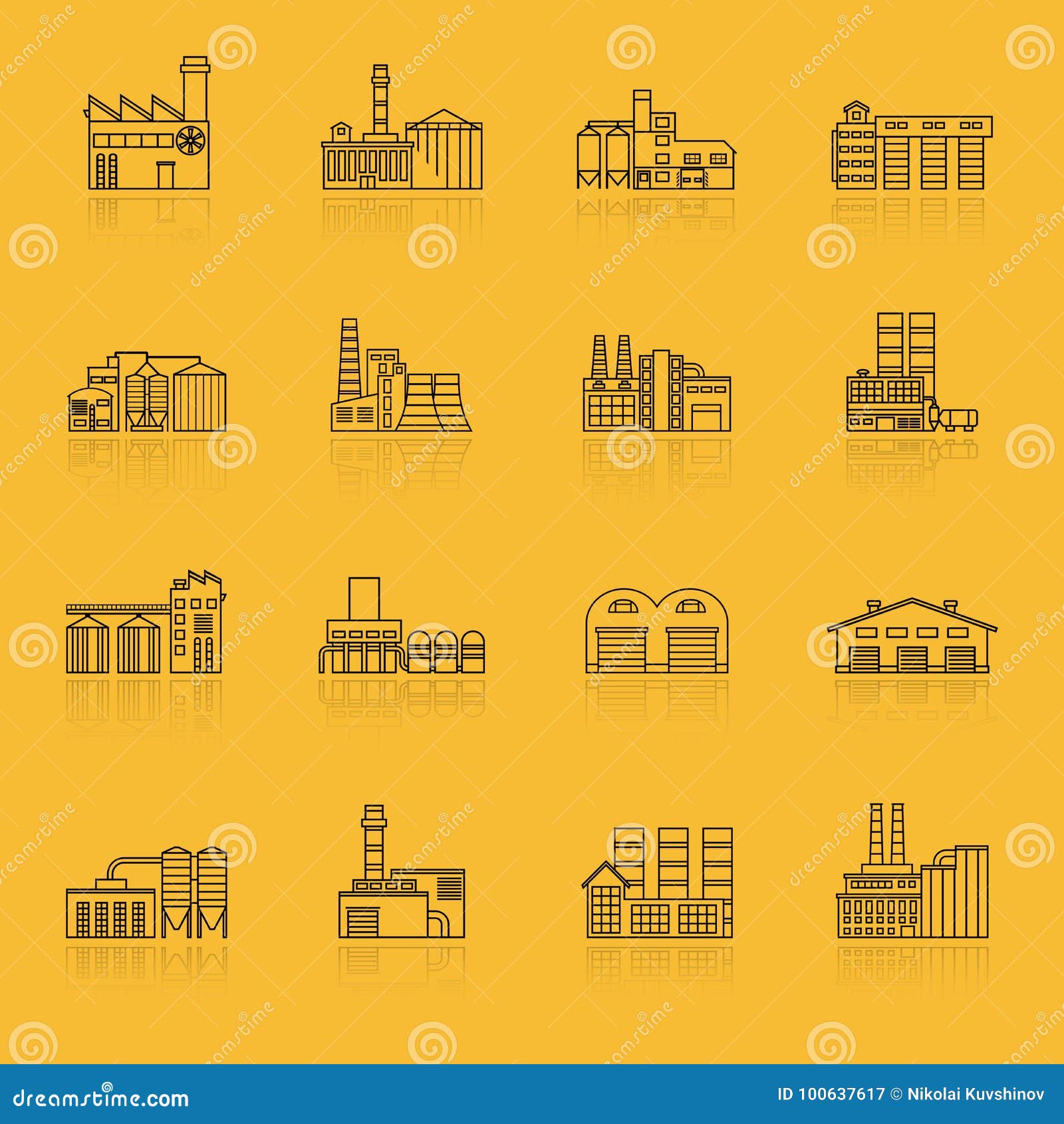 Building Factory Outline Icon Set Stock Vector - Illustration of lined ...