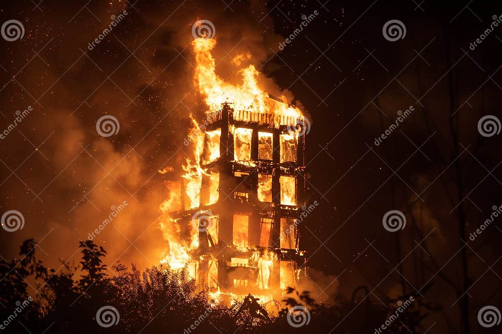 A Building is on Fire at Night, with Flames Rising from the Structure ...